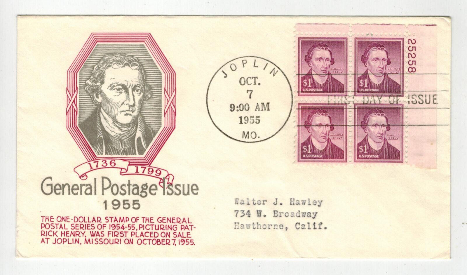 1955 Liberty Series Plate # Block FDC 1052 Patrick Henry $4 Anderson 2 ...
