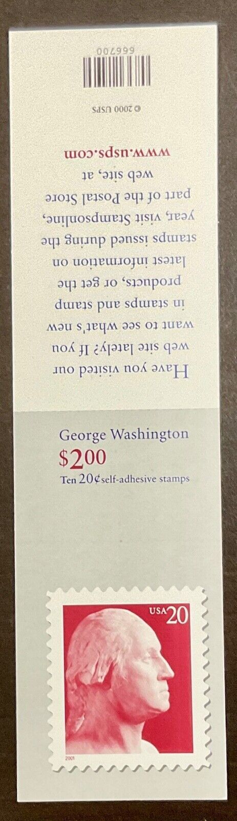 3482a George Washington 20 c Pane of 10 FV $2.00 2001 | United States ...