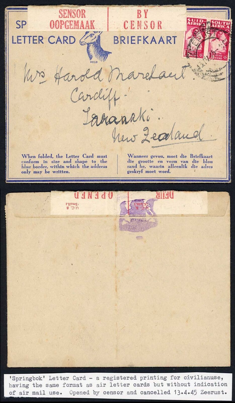 Springbok Letter card 1945 Opened by Censor | Worldwide - Other, Stamp ...
