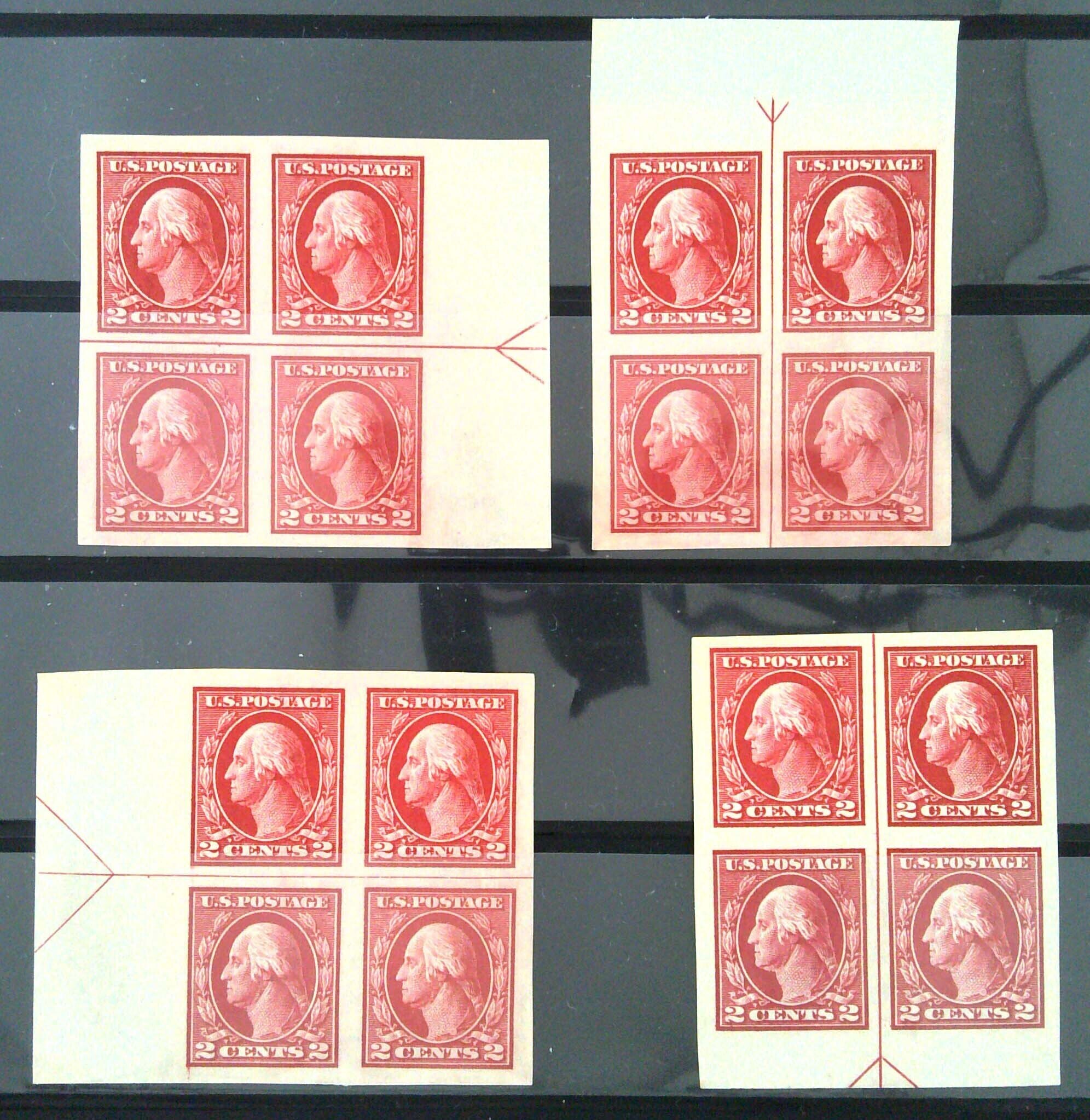 Scott#409 - 2c Carmine - Washington - Margin block of 4, arrow -Lot ...