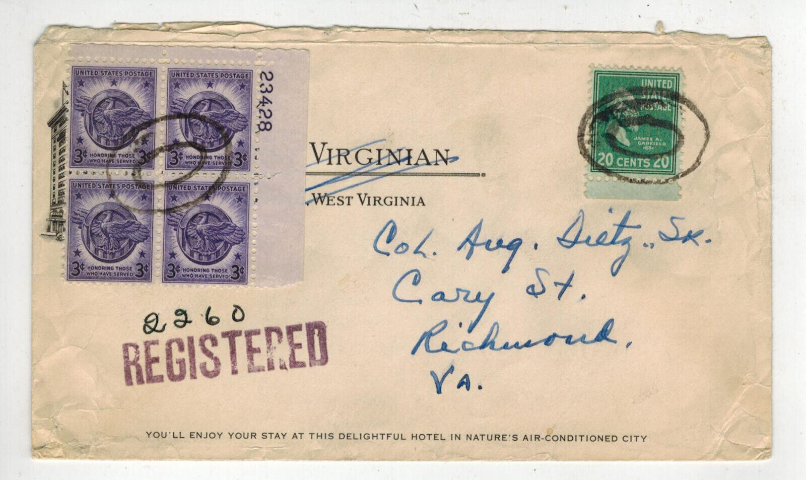 1946 Virginia Registered & 825 James Garfield Prexy & 940 Plate # Block ...