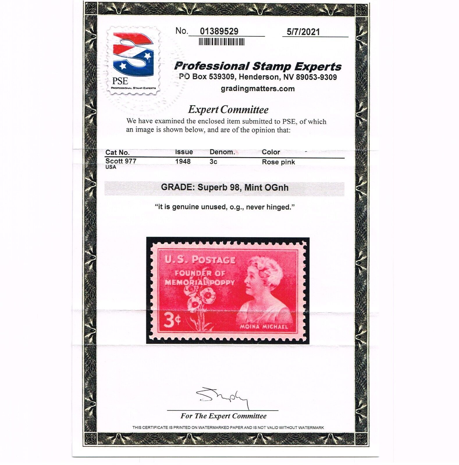 Exceptional Genuine Scott #977 Mint Pristine OG NH PSE Cert Graded ...
