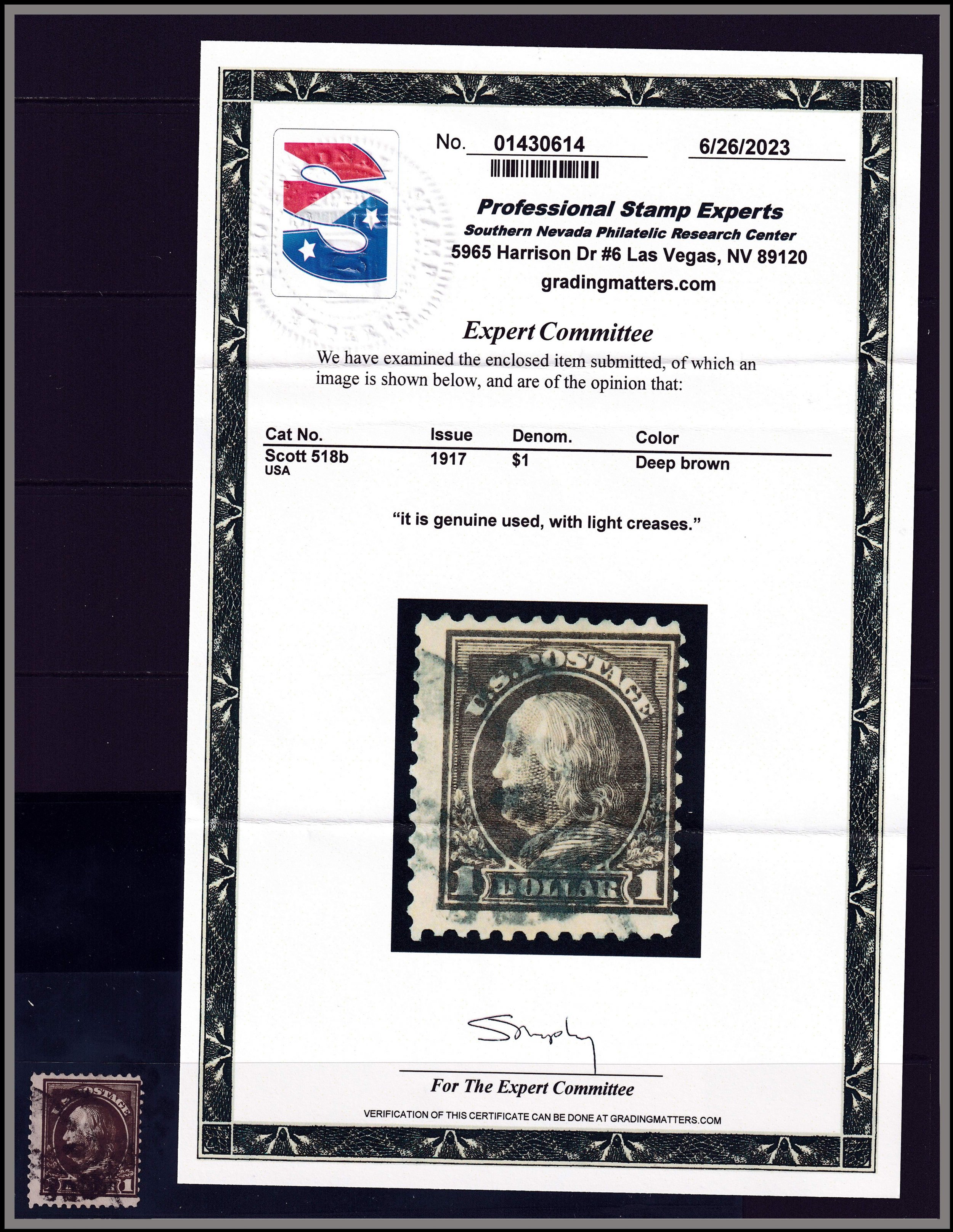 #518b Used, Fine+, Rare stamps, PSAG cert #01430614, light creases (CV ...