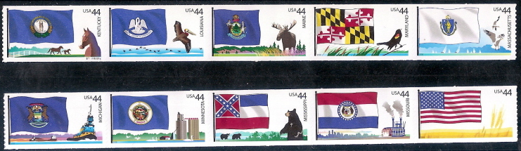 4293-4302, (2)strips of 5. "Flags of Our Nation" Set#3, 44 cent ...
