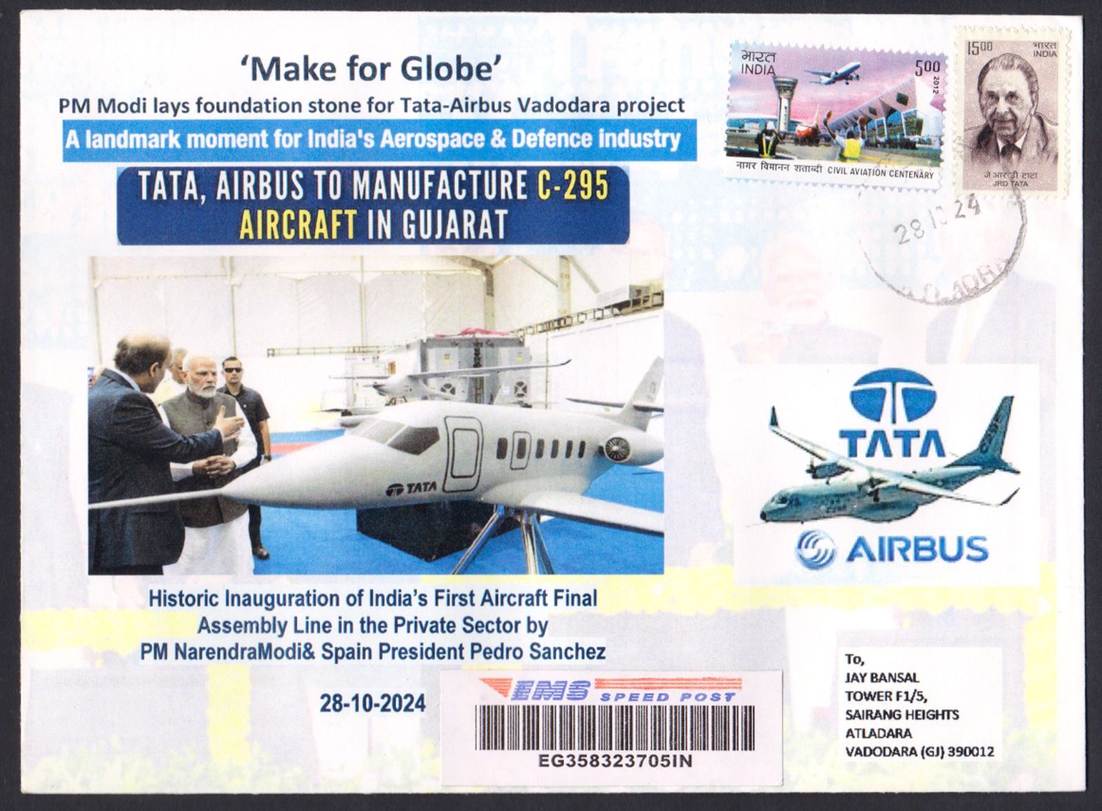 India - 2024 Tata AIR BUS Cover - Commercially Used EMS Post | Asia ...