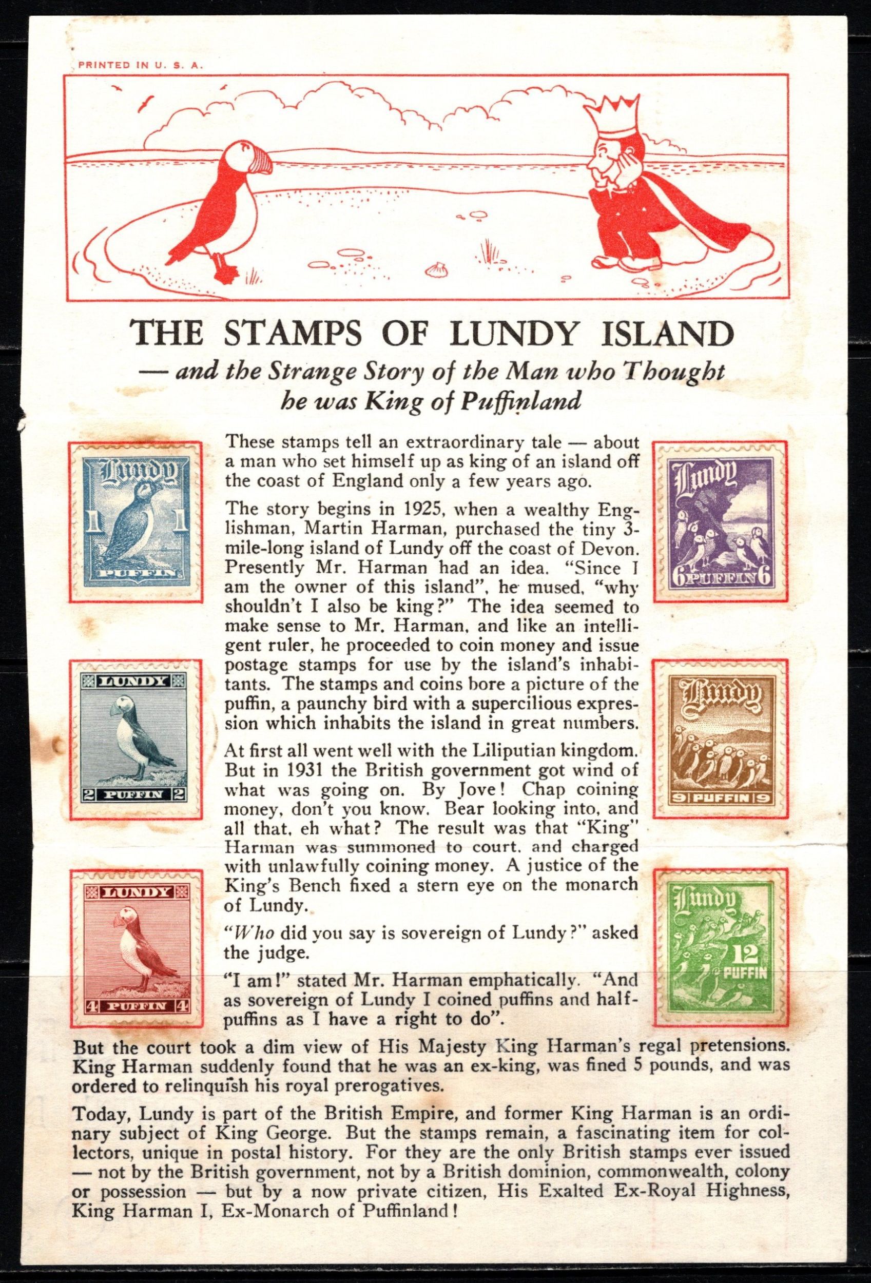 1940's US HE Harris The Stamps of Lundy Island "King of Puffinland ...