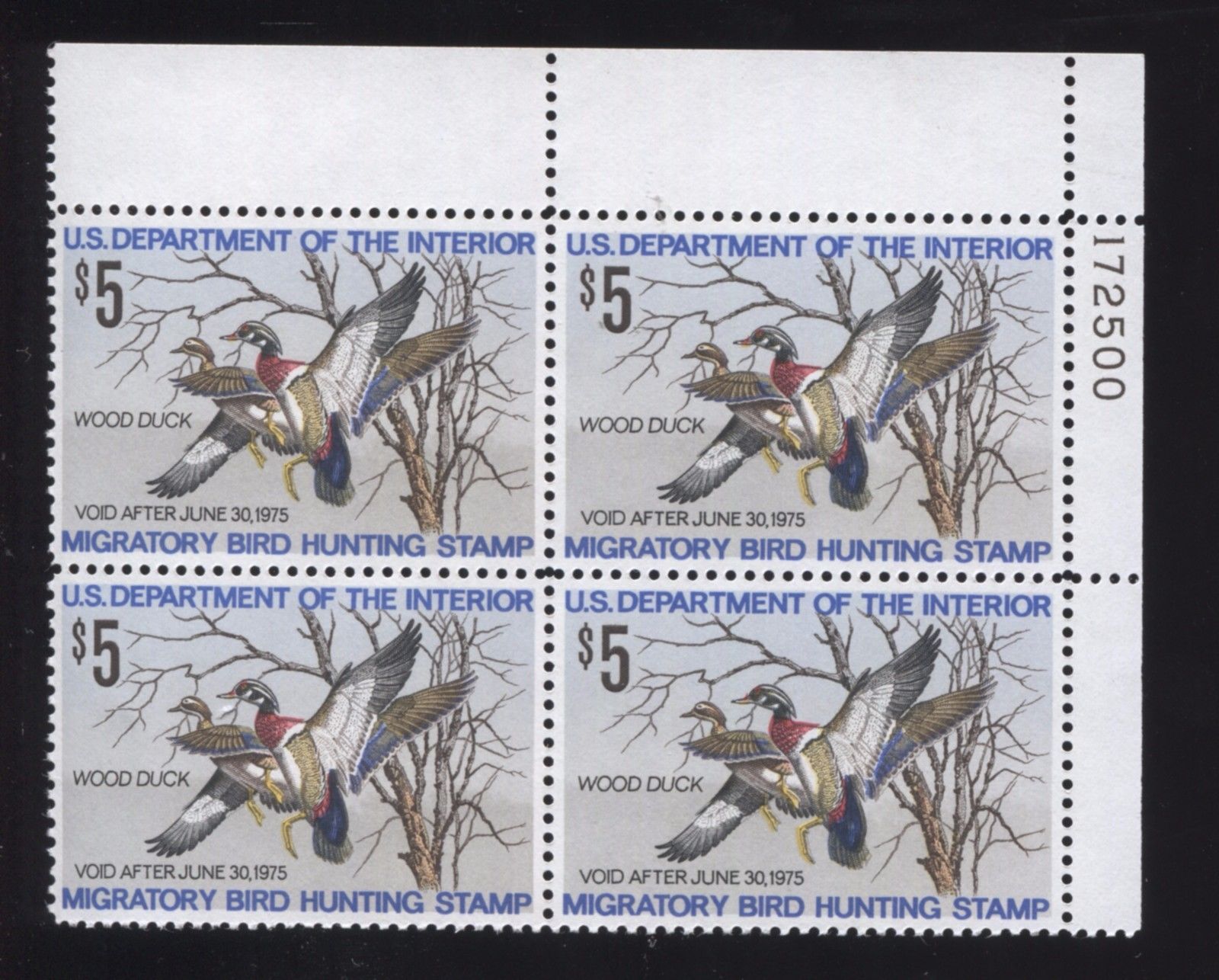 1974 US Federal Wood Duck Migratory Hunting Stamp RW41 Plate Block of 4 ...