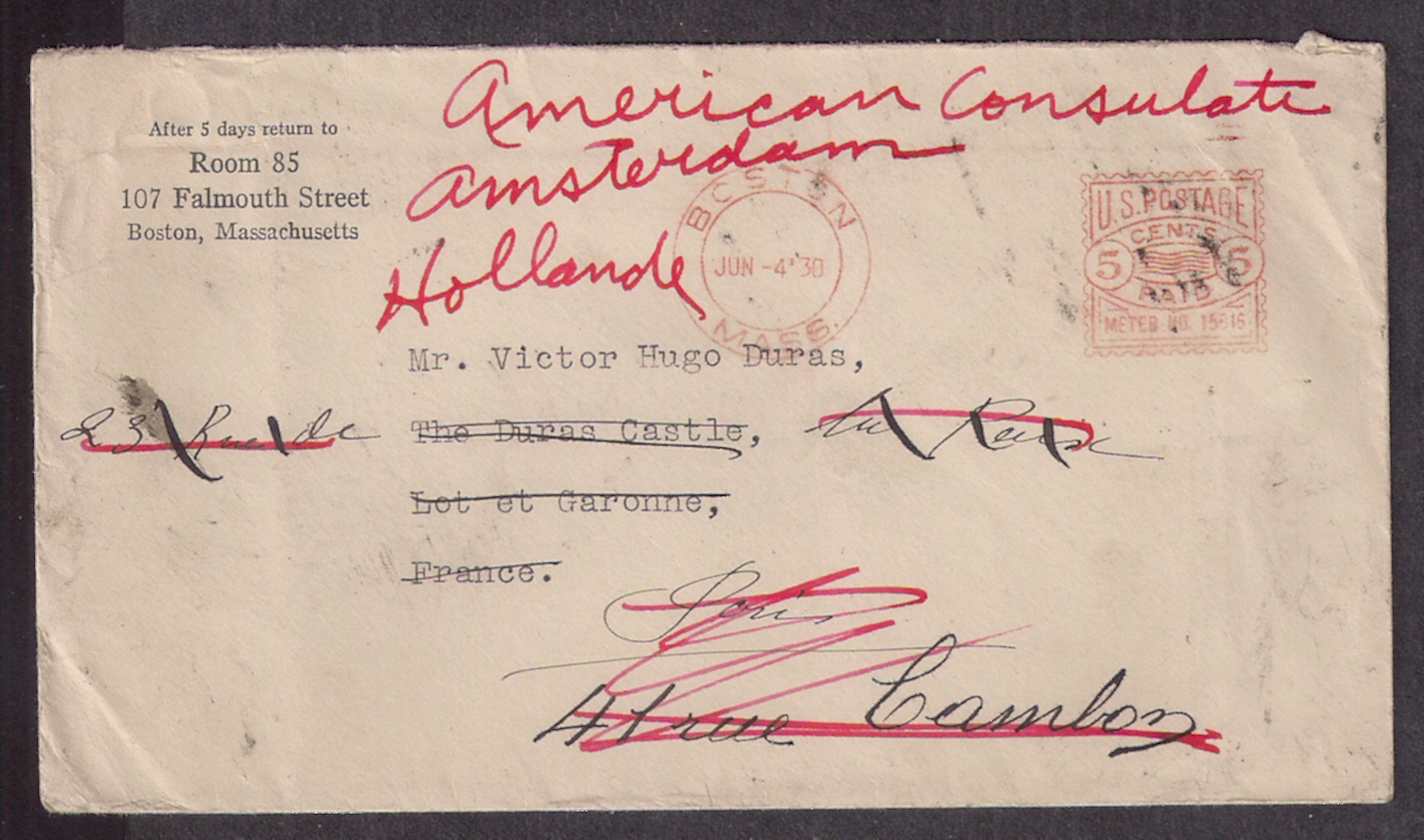 EARLY FORWARDED "D" METER STAMP 1930 to Victor Hugo Duras in FRANCE ...