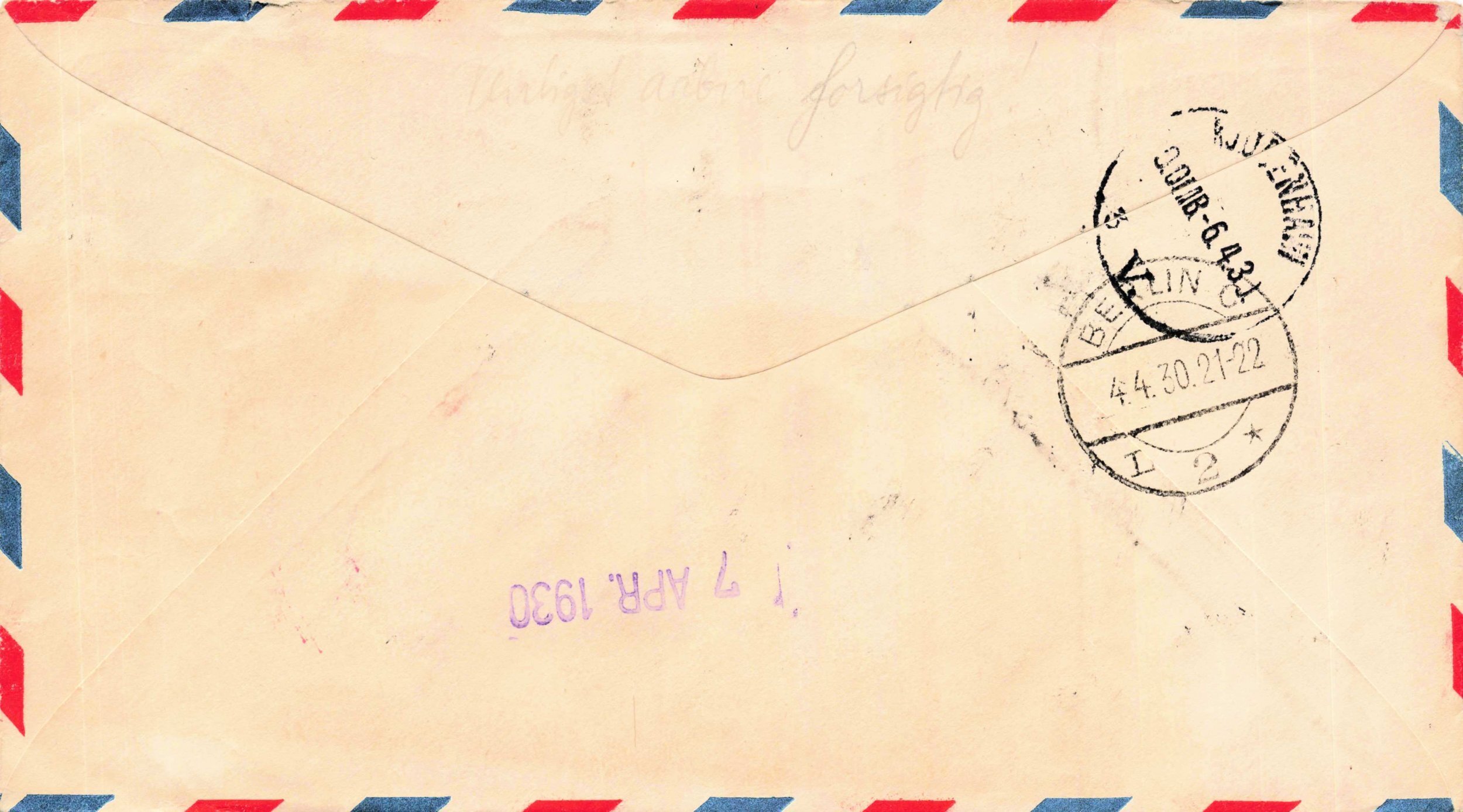 USA to Germany SEA Post 1930 Letter Airmailed to Copenhagen ALL Cancels ...