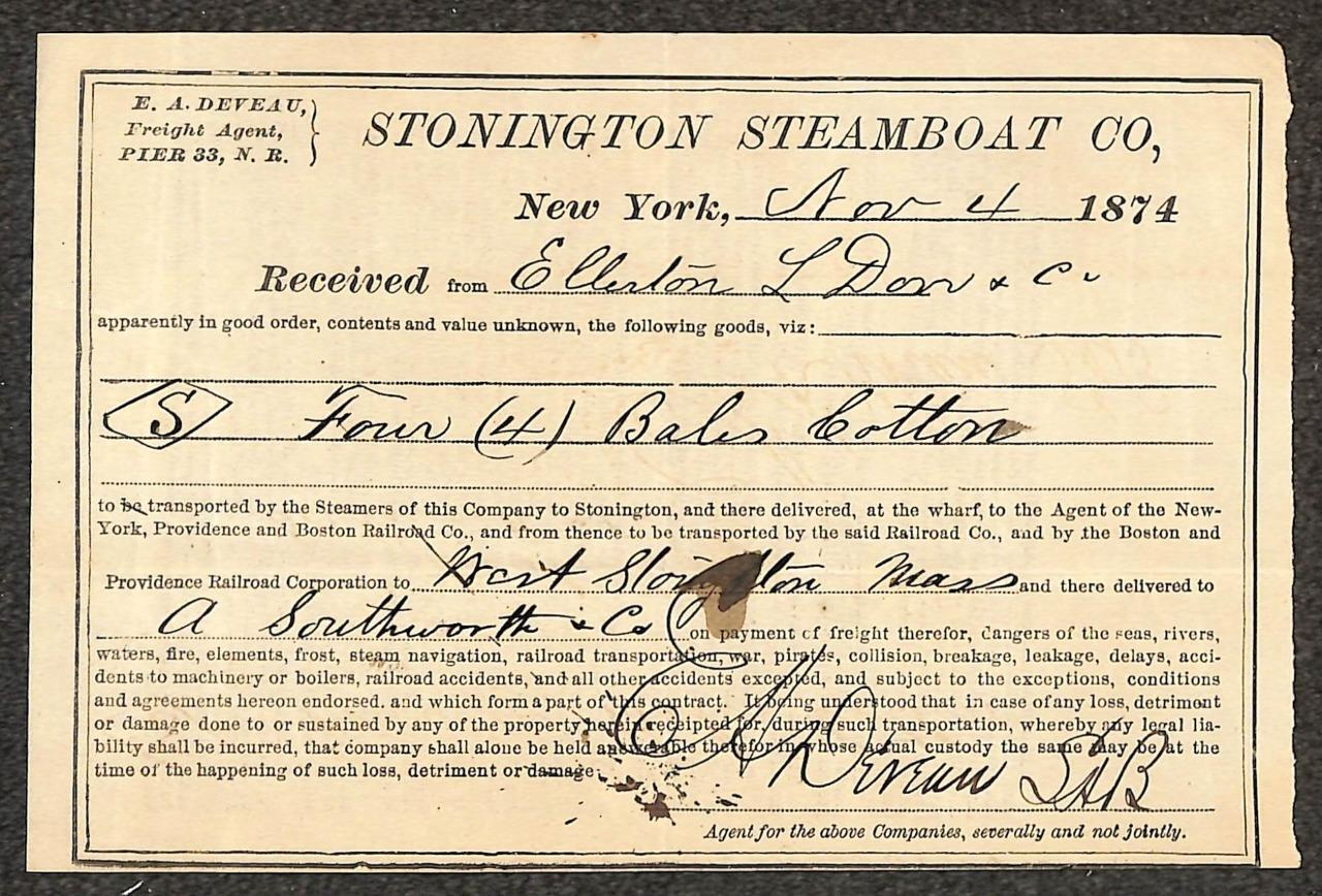 Stonington Steamboat Company New York Receipt for Cotton Railroad ...