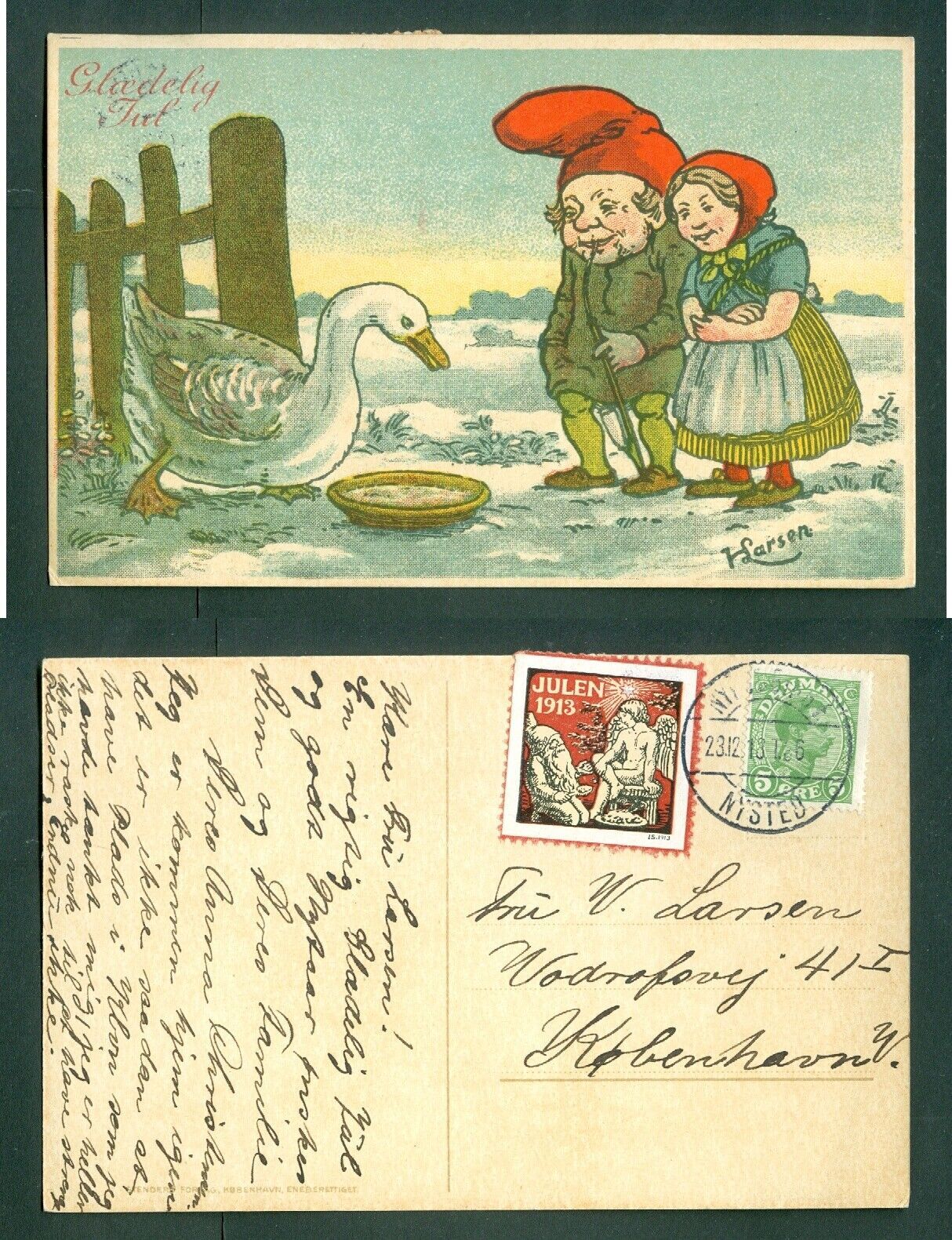 Denmark. Christmas Card 1913. Seal + 5 Ore. Art: Henrik Larsen. Santas ...