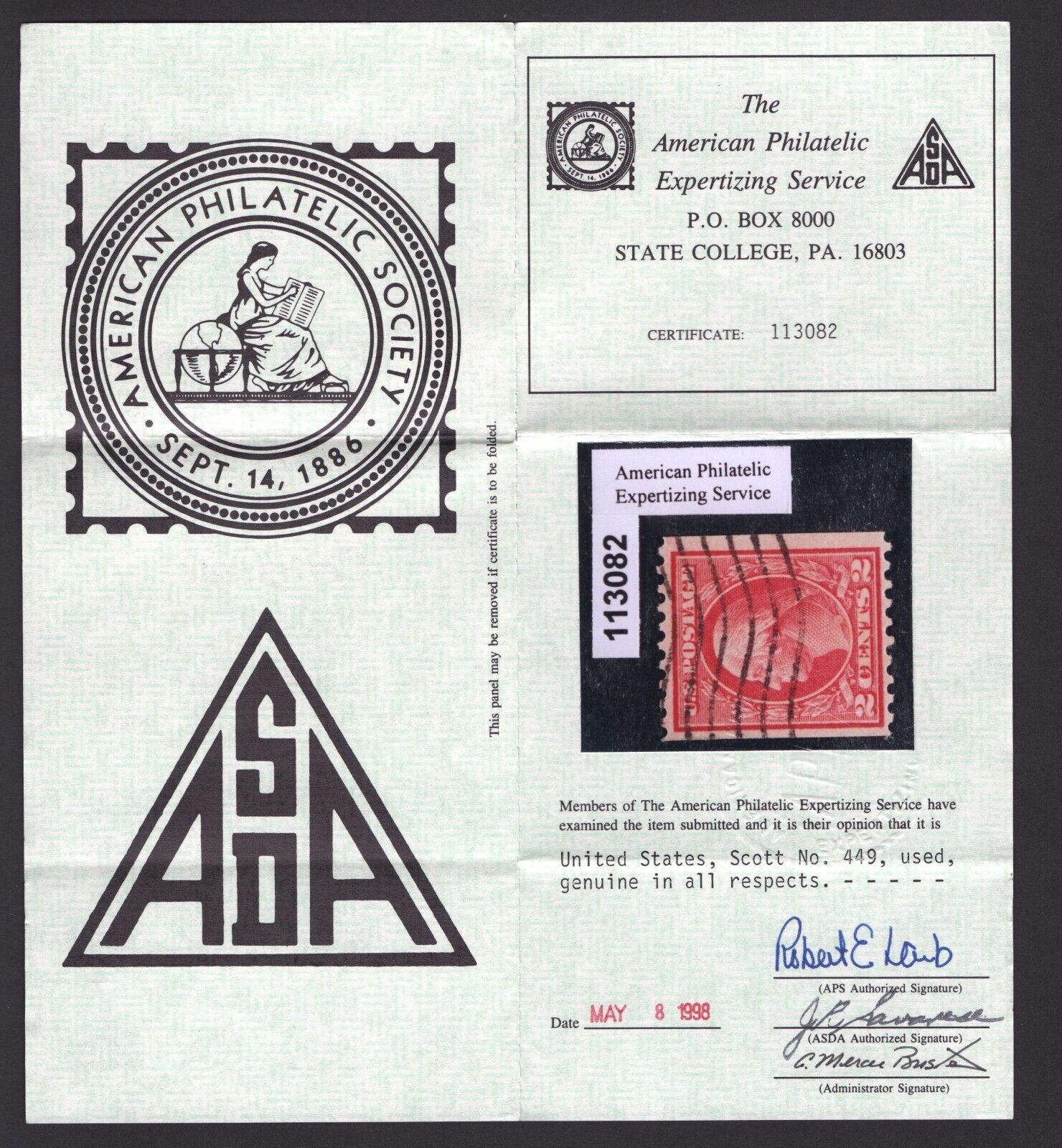 Scott #449 - Used - VF - W/APS Cert. SCV $650 (LB 9/15) | United States ...
