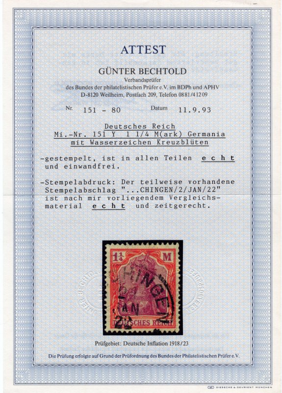 German Empire: 1920 Germania with Better Watermark Full Certificate ...