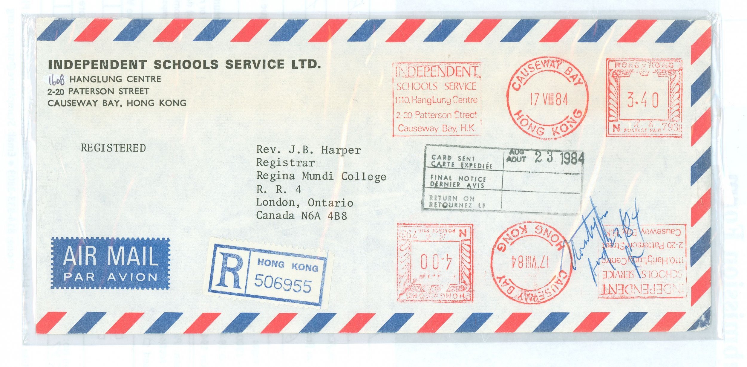 Hong Kong 1984 Registered mail rates; registered meter paid rate to ...