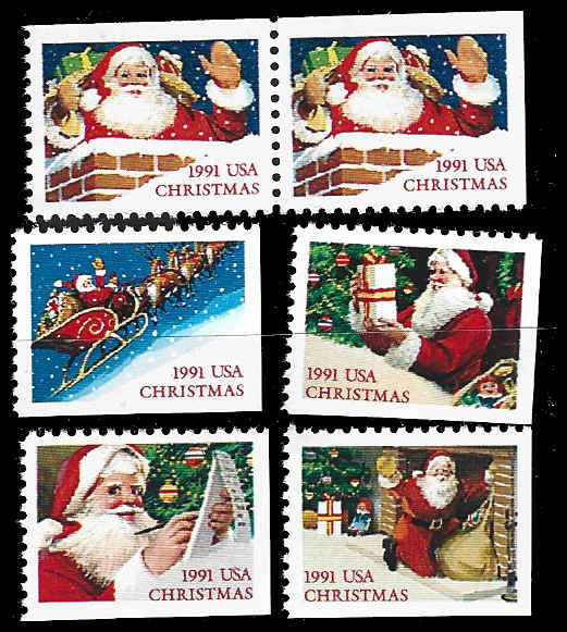 PCBstamps US #2580-2585 Bk Sgls (6x29c)1991 Christmas, MNH, (4 ...