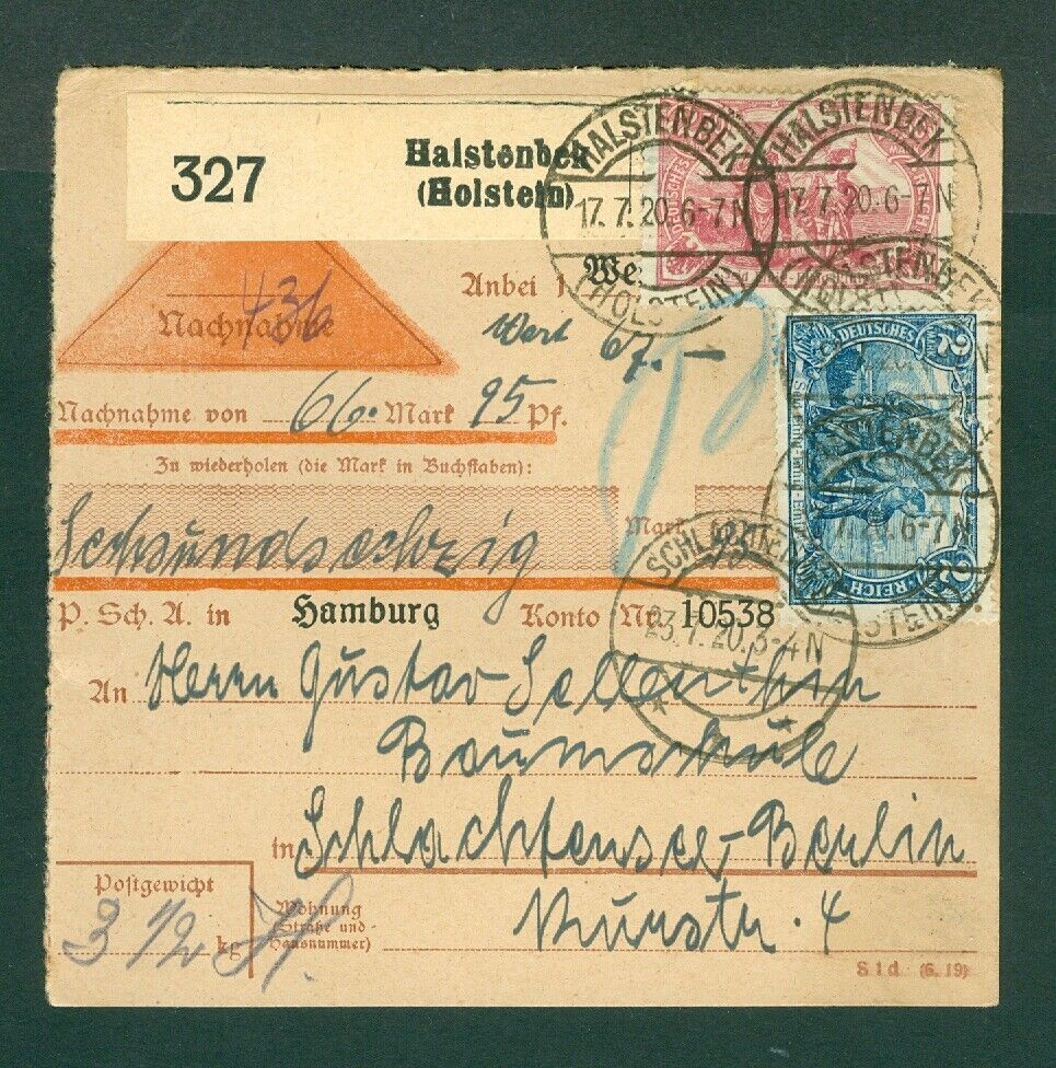 Germany. 1920 Money Order, Receipt. Halstenbek. 2M Germania + 2.50M ...