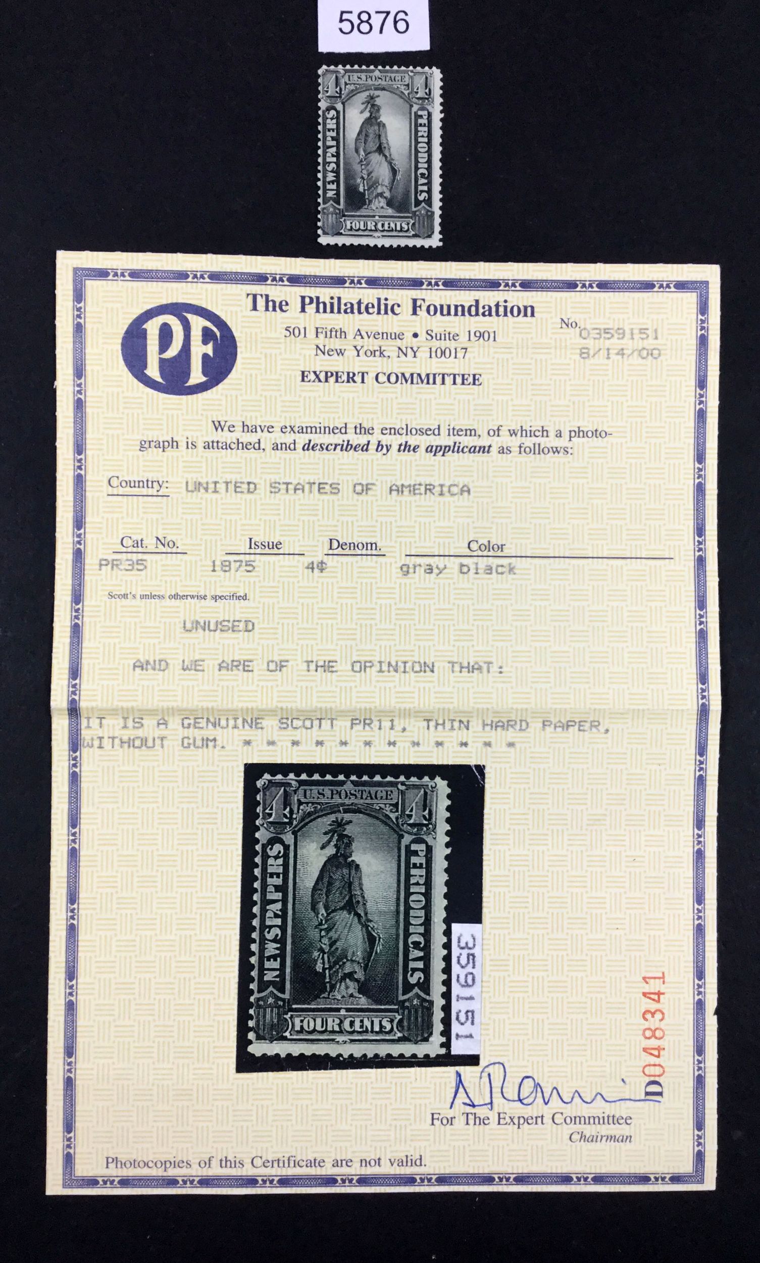 US Stamps # Pr11 Unused NO GUM **Pf Cert** $140 LOT #5876 | United ...