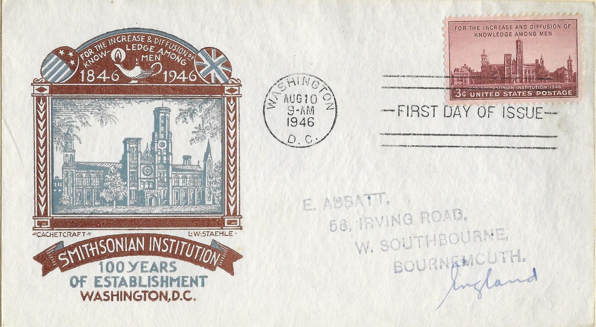 1946 FDC, #943, 3c Smithsonian Institution, CC/Staehle | United States ...
