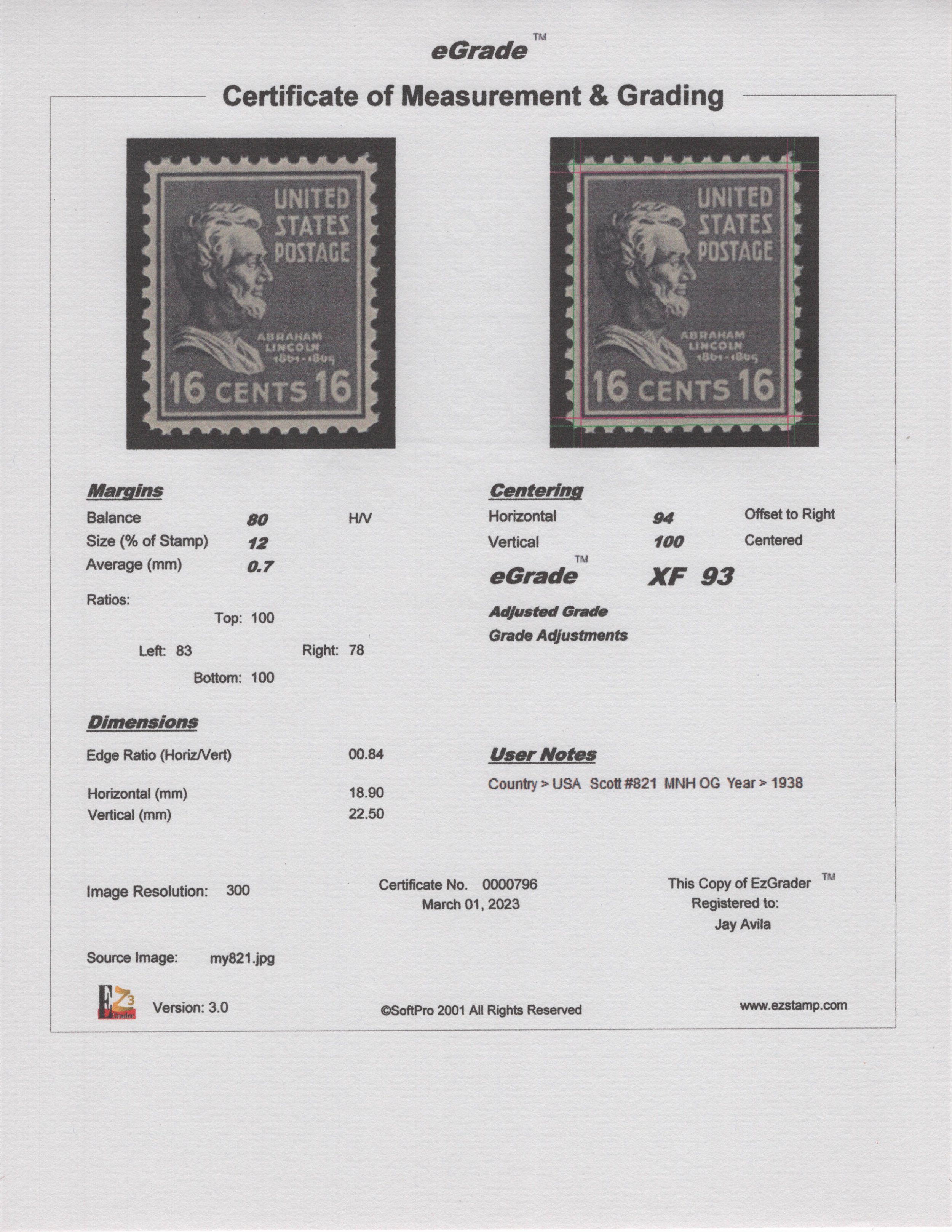 US Scott #821 "Abraham Lincoln" 16c MNH OG eGraded With Certificate ...