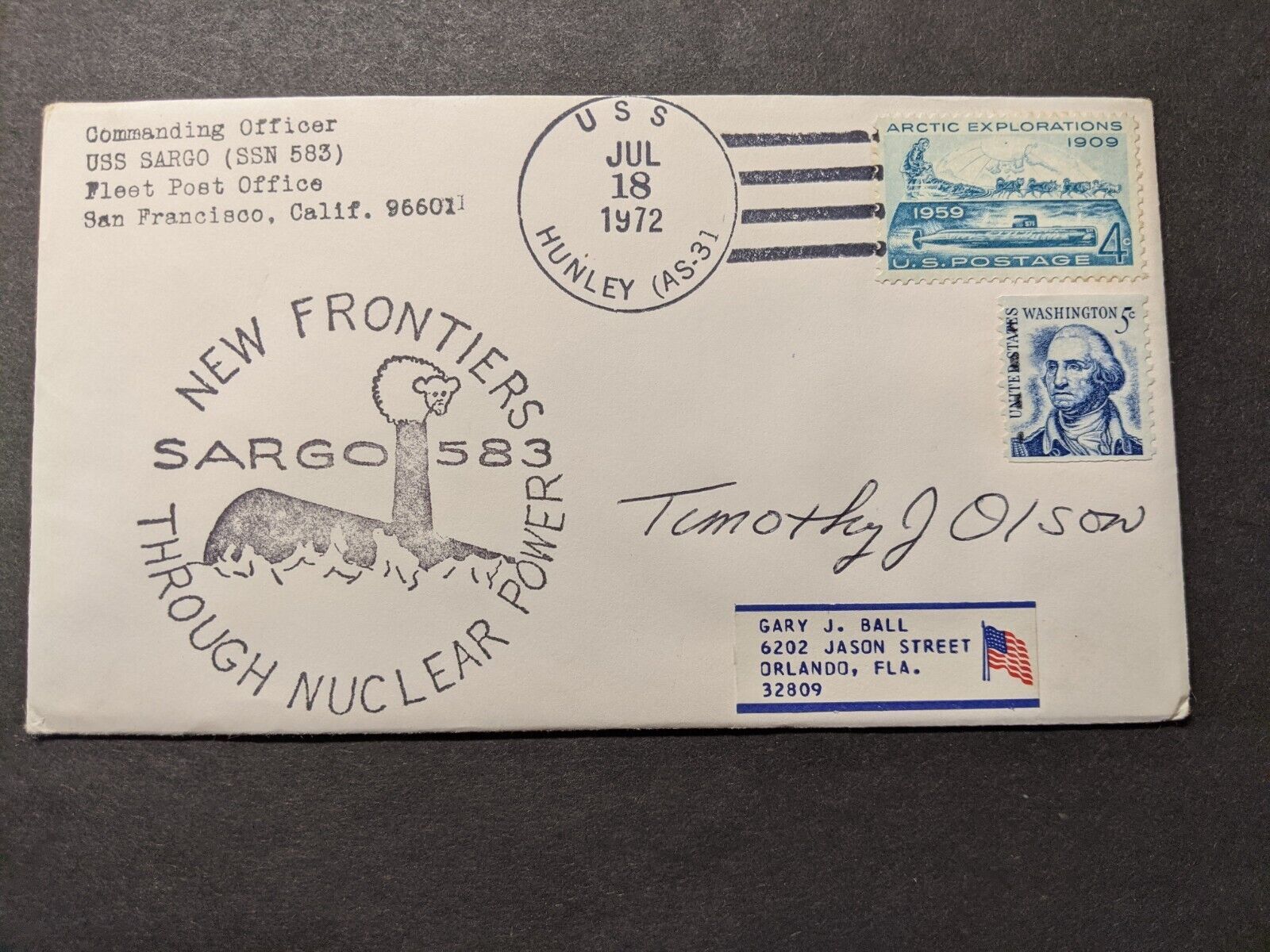 USS Sargo Ssn-583 Naval Cover 1972 Signed Polar Bear Cachet USS Hunley ...