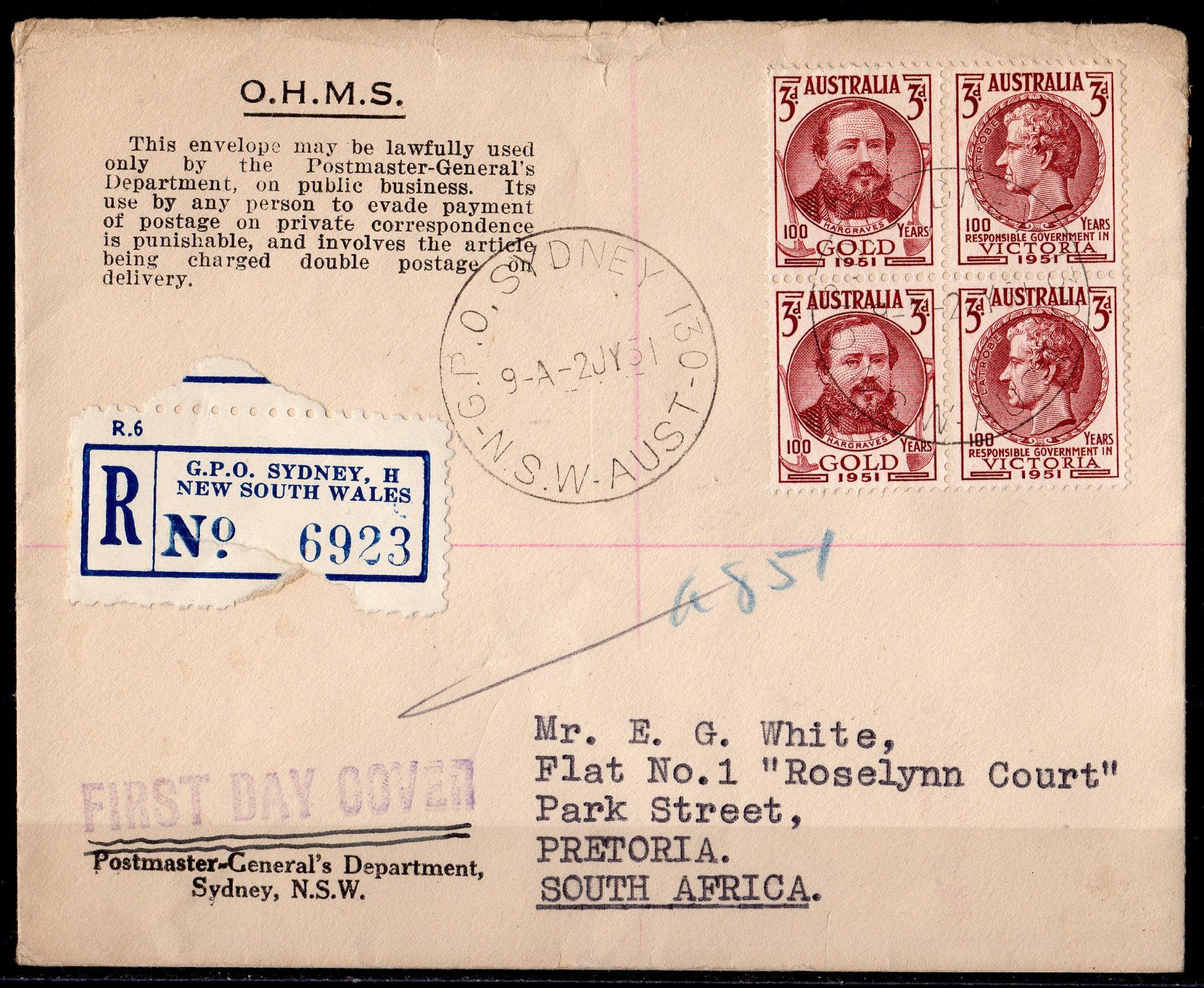 Australia 1951 Sc#245A Gold Discover Registered Letter to South Africa ...