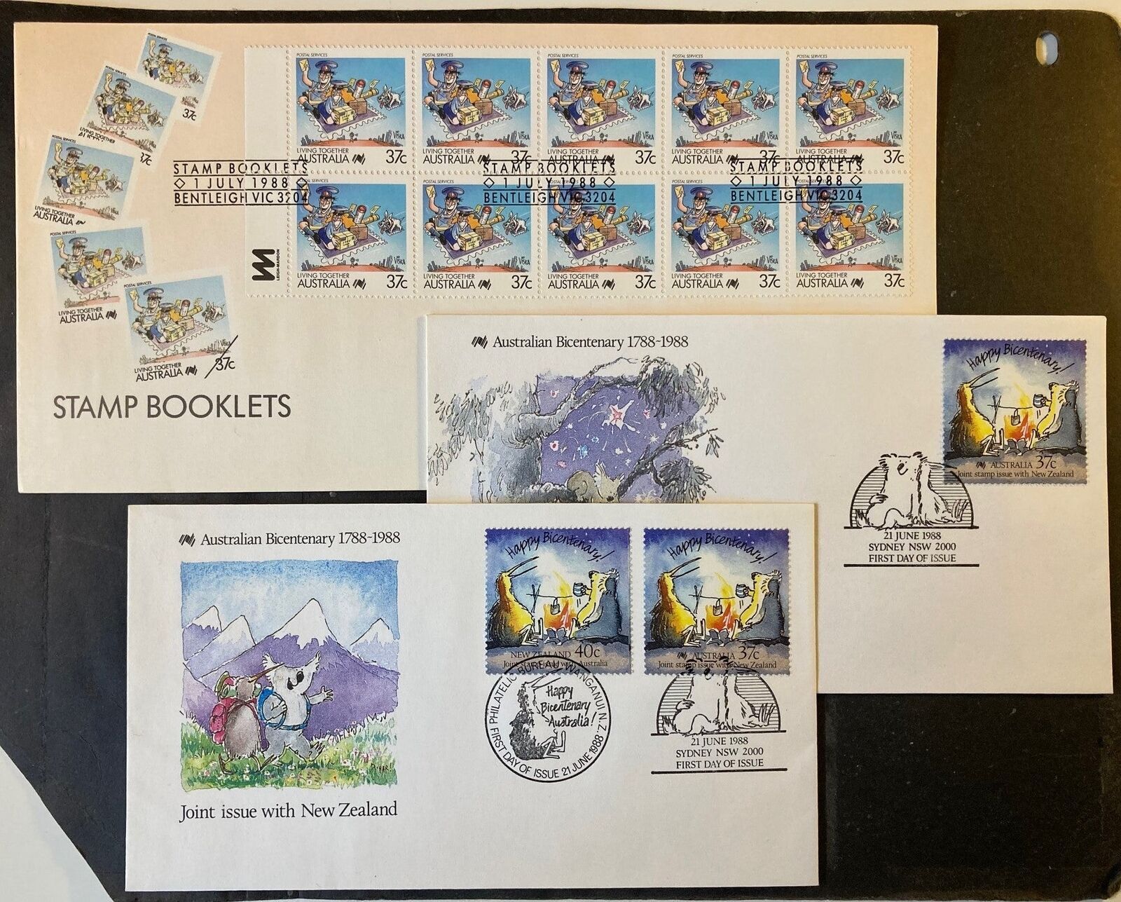 Australia 1988 FDC x3 joint New Zealand stamp Booklets living together ...