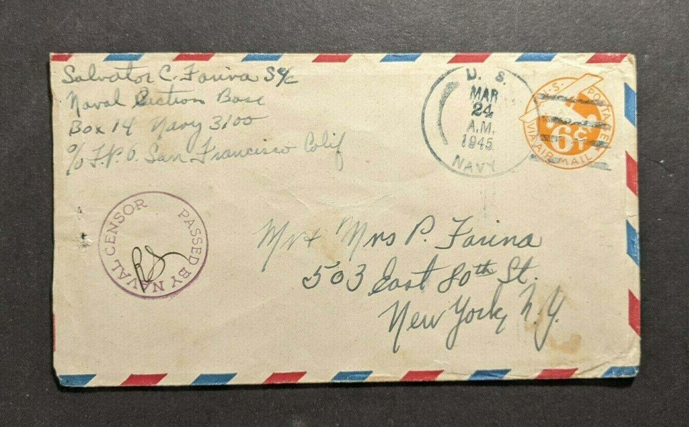 1945 WWII US Navy FPO Censored Airmail Cover to New York City | United ...