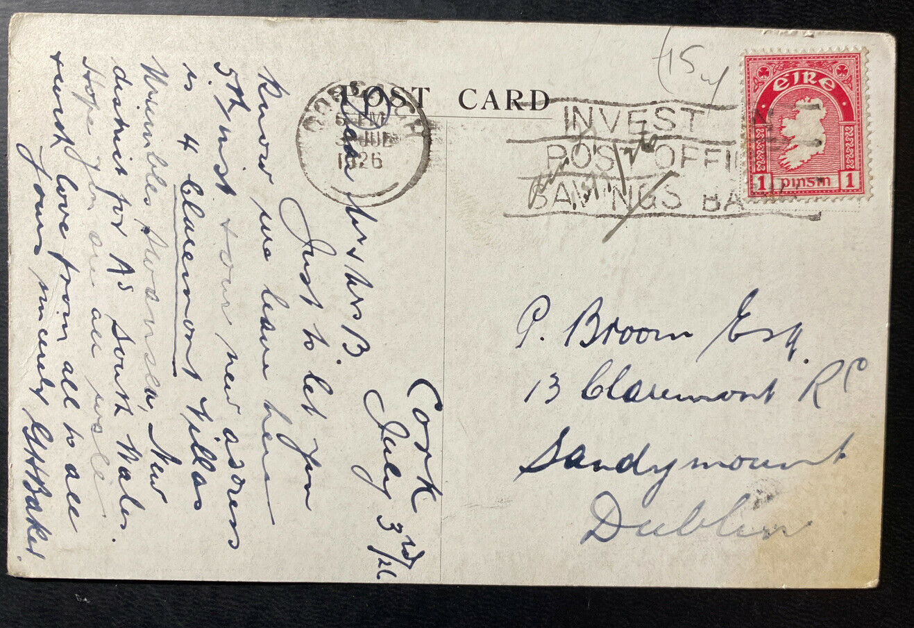 1926 Cork Ireland Picture Postcard Cover To Dublin City Of Cork Steamer ...