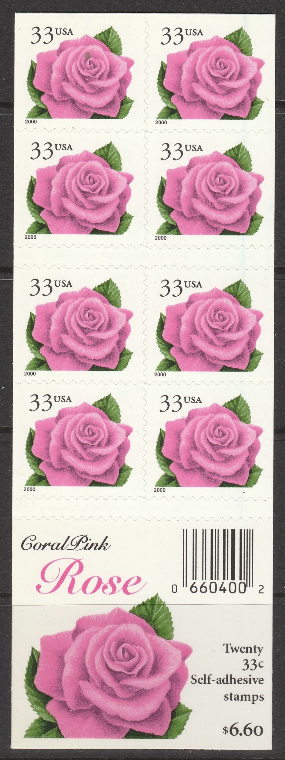 #3052Ef Coral Pink Rose Double-Sided Bklt of 20 MNH | United States ...