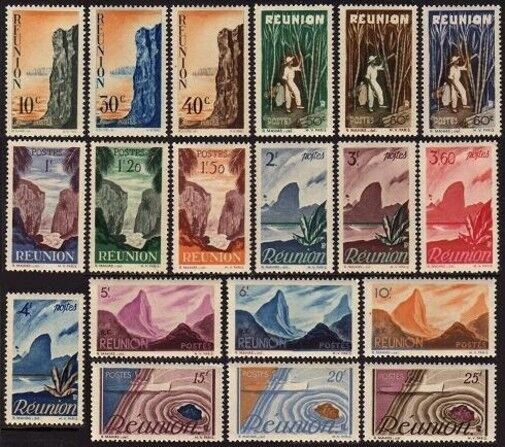 Reunion 249-267, hinged. Mi 309-327. Cliff, Waterfalls, Banana, Mount ...