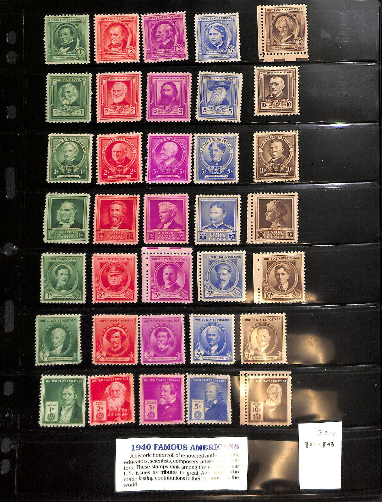 United States Postage Stamp, #859-893 Mint NH, 1940 Famous Americans ...