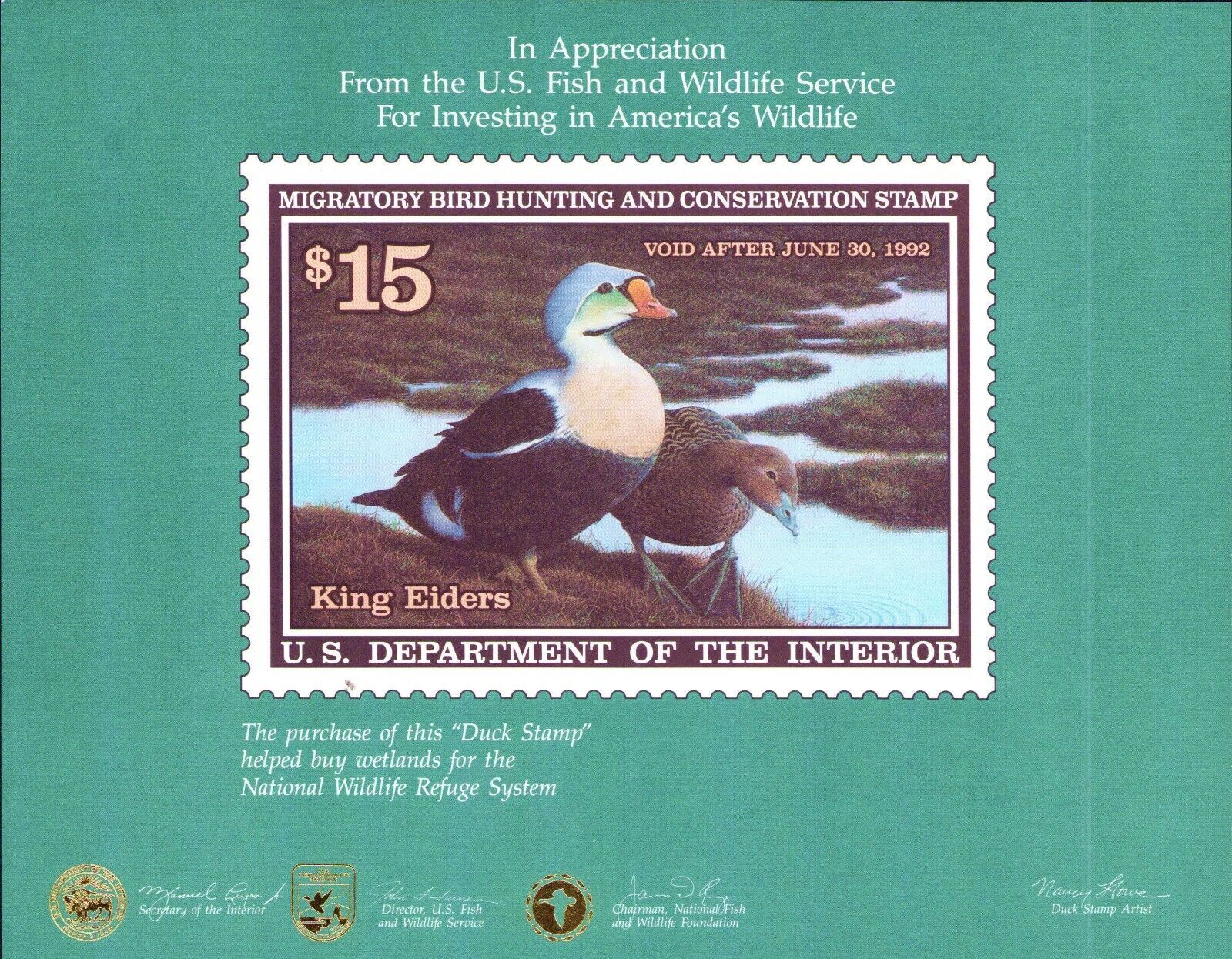 RW58 - Federal Duck Stamp Certificate Of Appreciation Card. RW58 ...