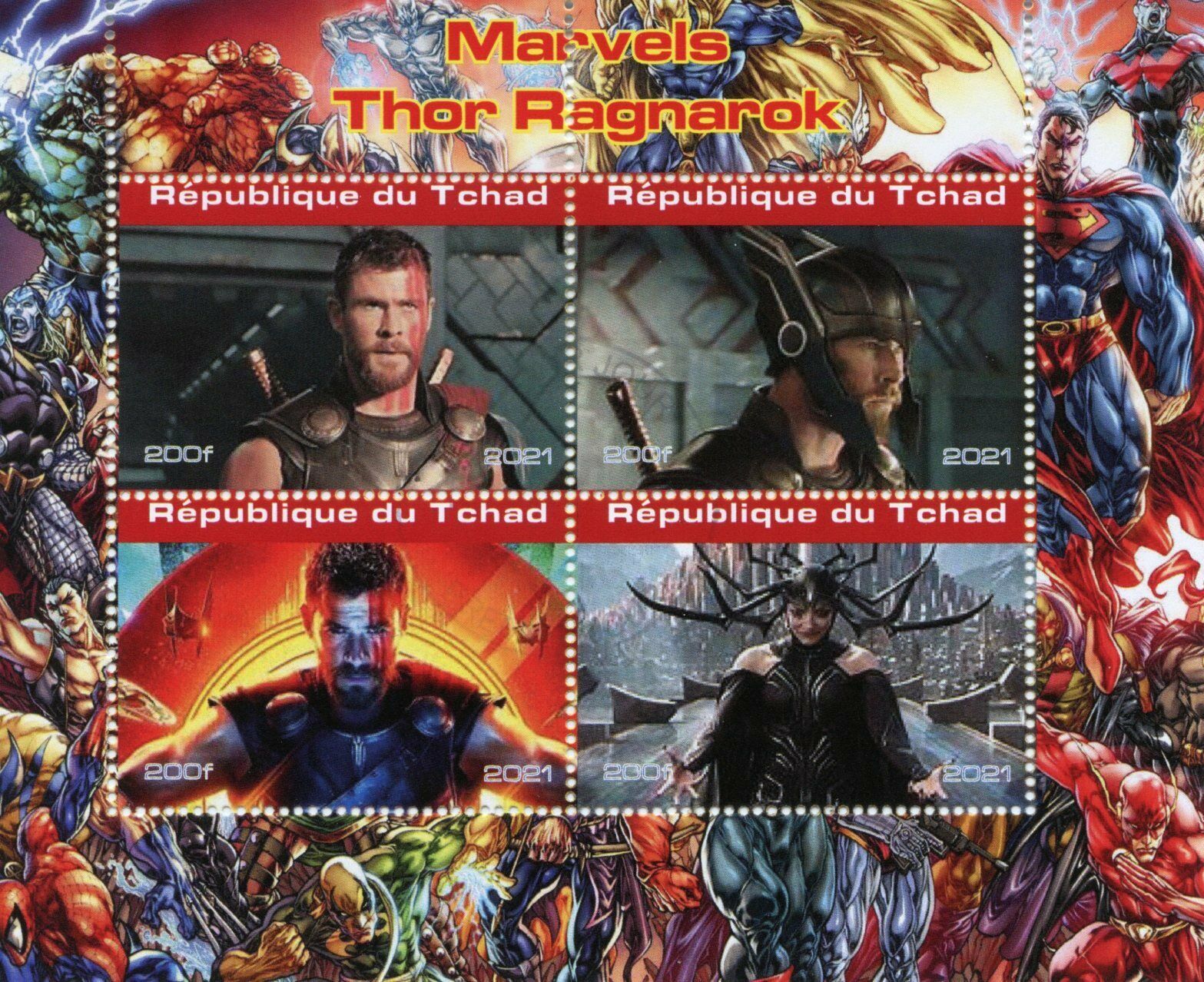 Marvel Superheroes Stamps Chad 2021 CTO Thor Ragnarok Movies Film 4v M ...