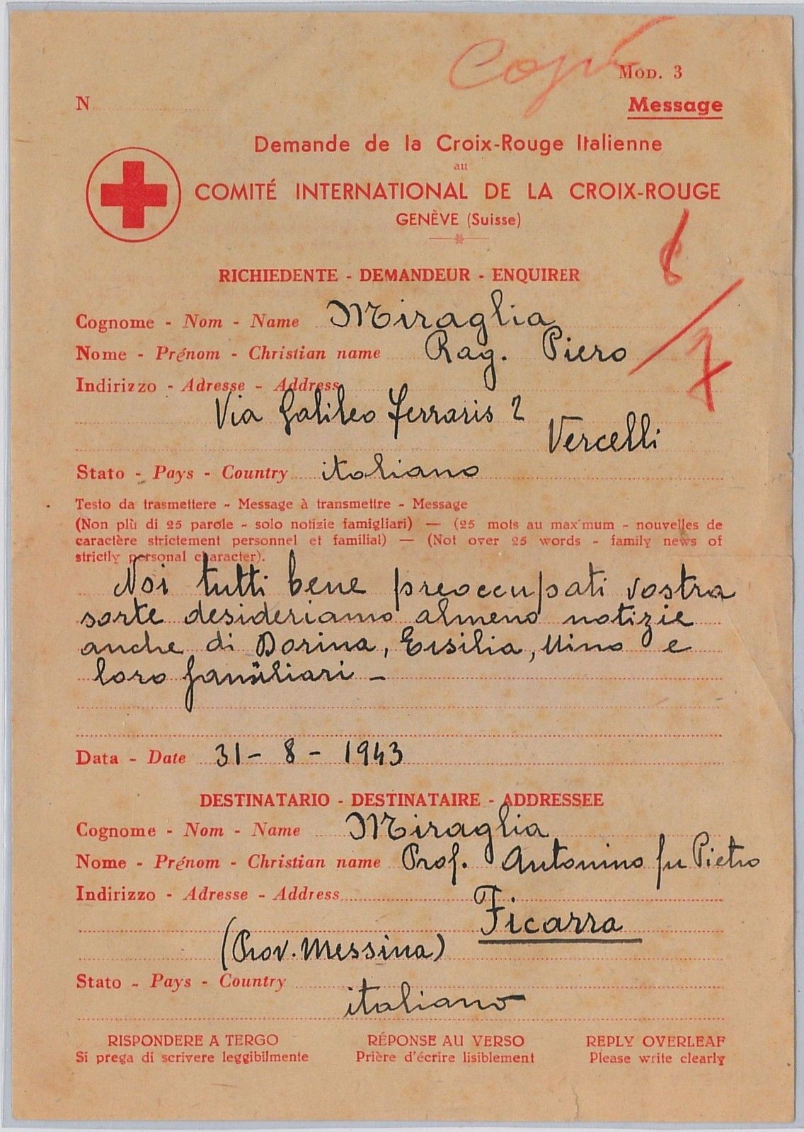 MEDICINE : Red Cross FORMULAR LETTER for SWISS Switzerland RED CROSS ...