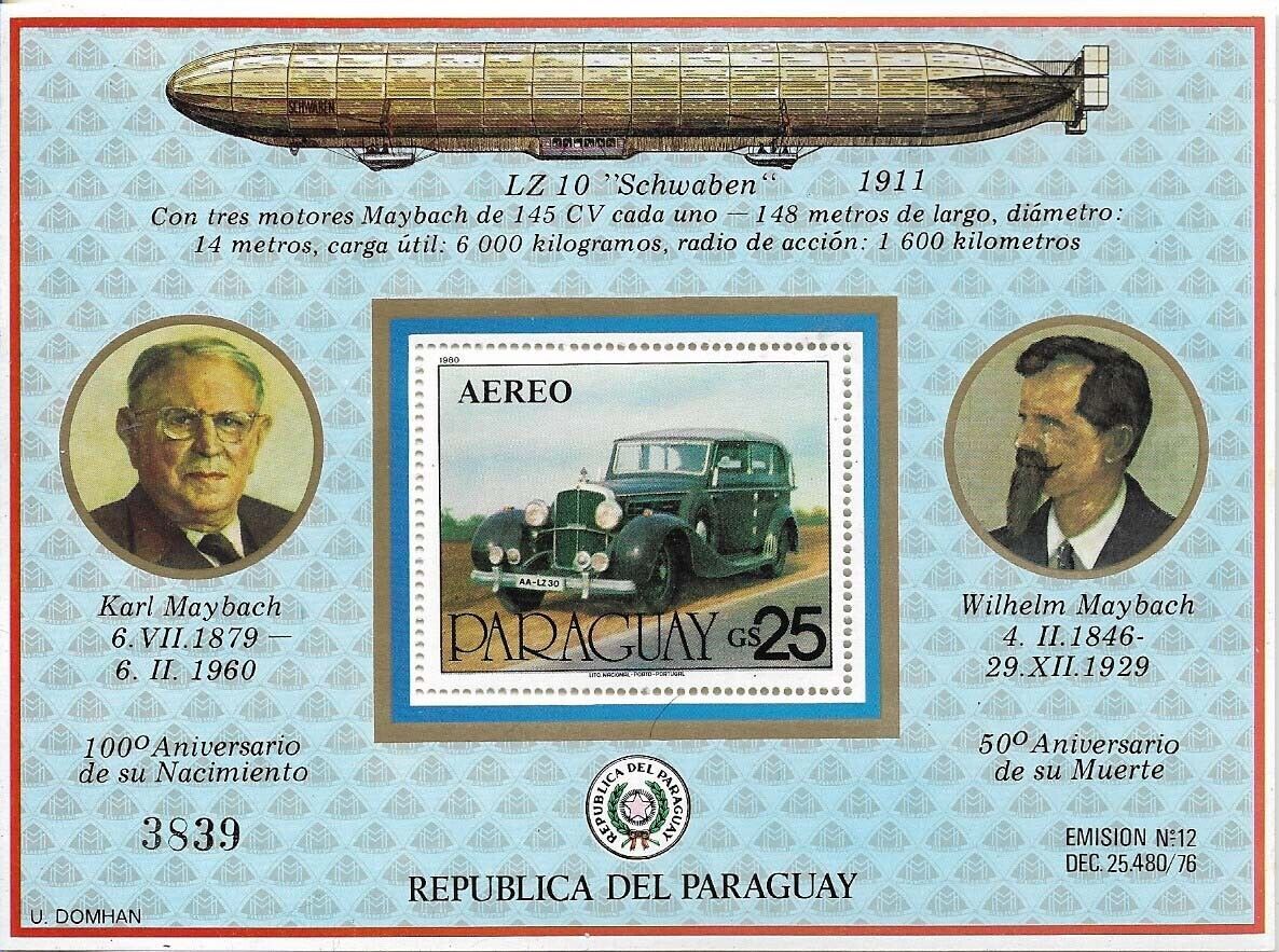 #4748 Paraguay 1980 Aviation Zeppelin LZ 10 Maybach OLD CAR S/Sheet MI ...
