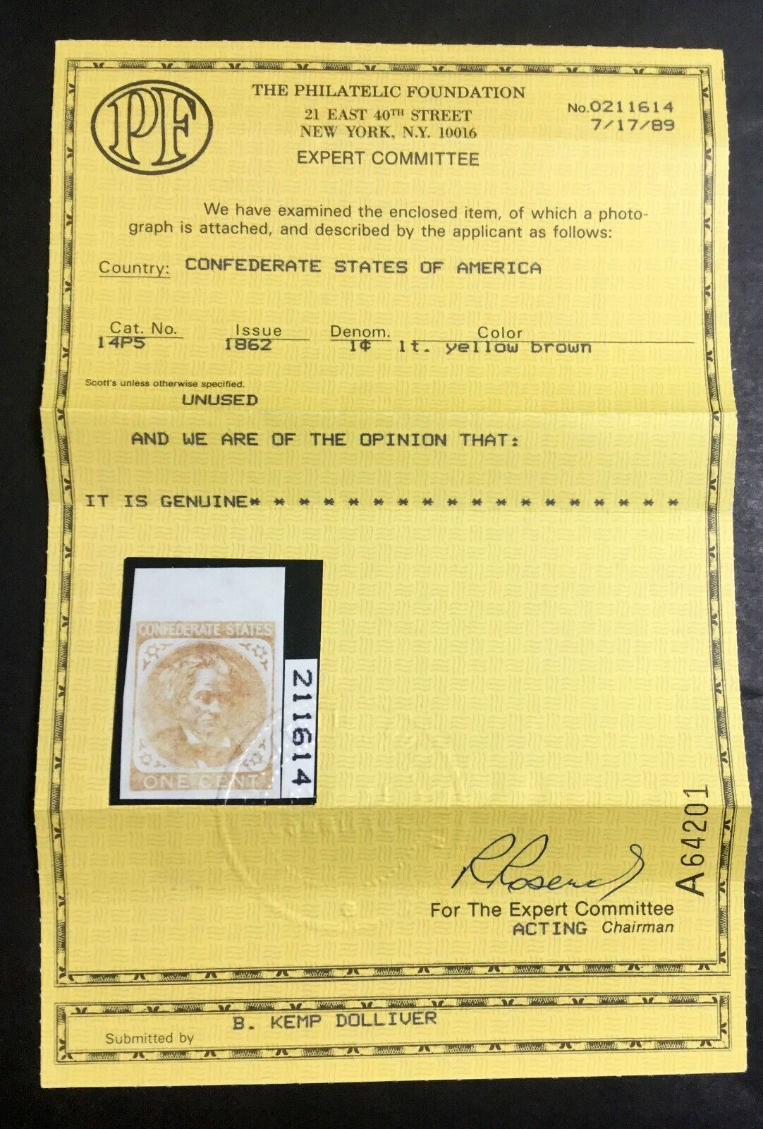 US Stamps CSA #14P5 Trial Color Plate Proof Unused XF PF Cert LOT ...