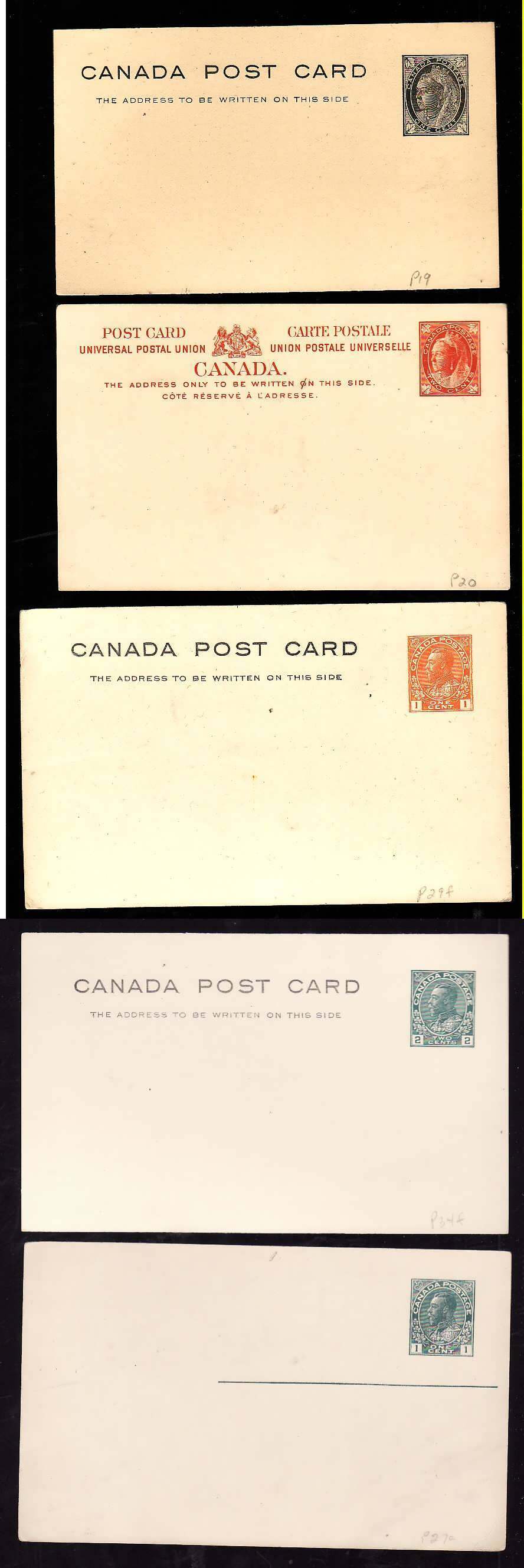 Canada cover-five unused postal stationery cards-P19,P20,P27a,P29,P34f ...