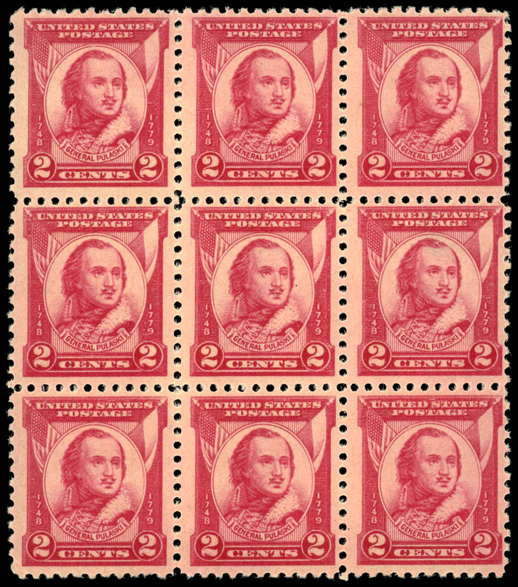 US Sc 690 MNH BLOCK of 9 - 1931 2¢- Gen. Casimir Pulaski - Nice, Sharp ...