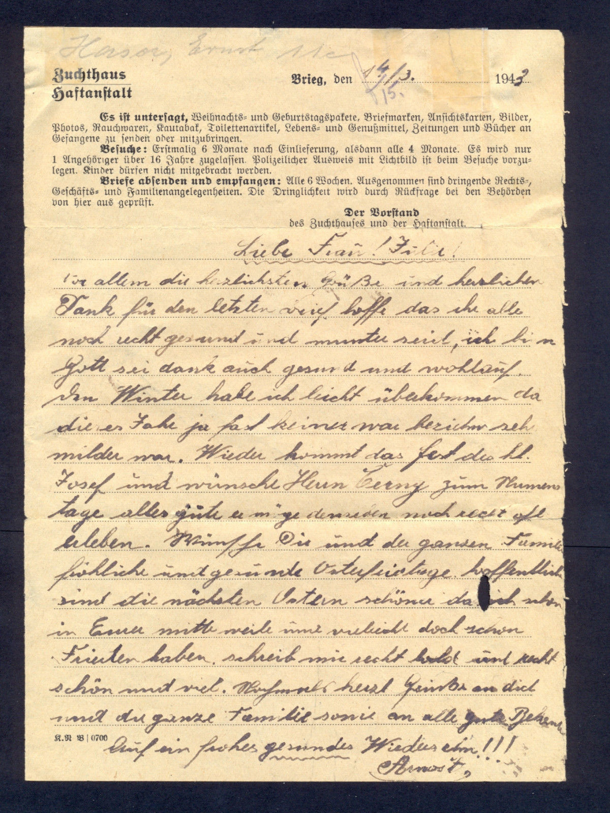 1943 Brieg B&M Germany Gestapo Prison Letter Cover Franz hase | Europe ...