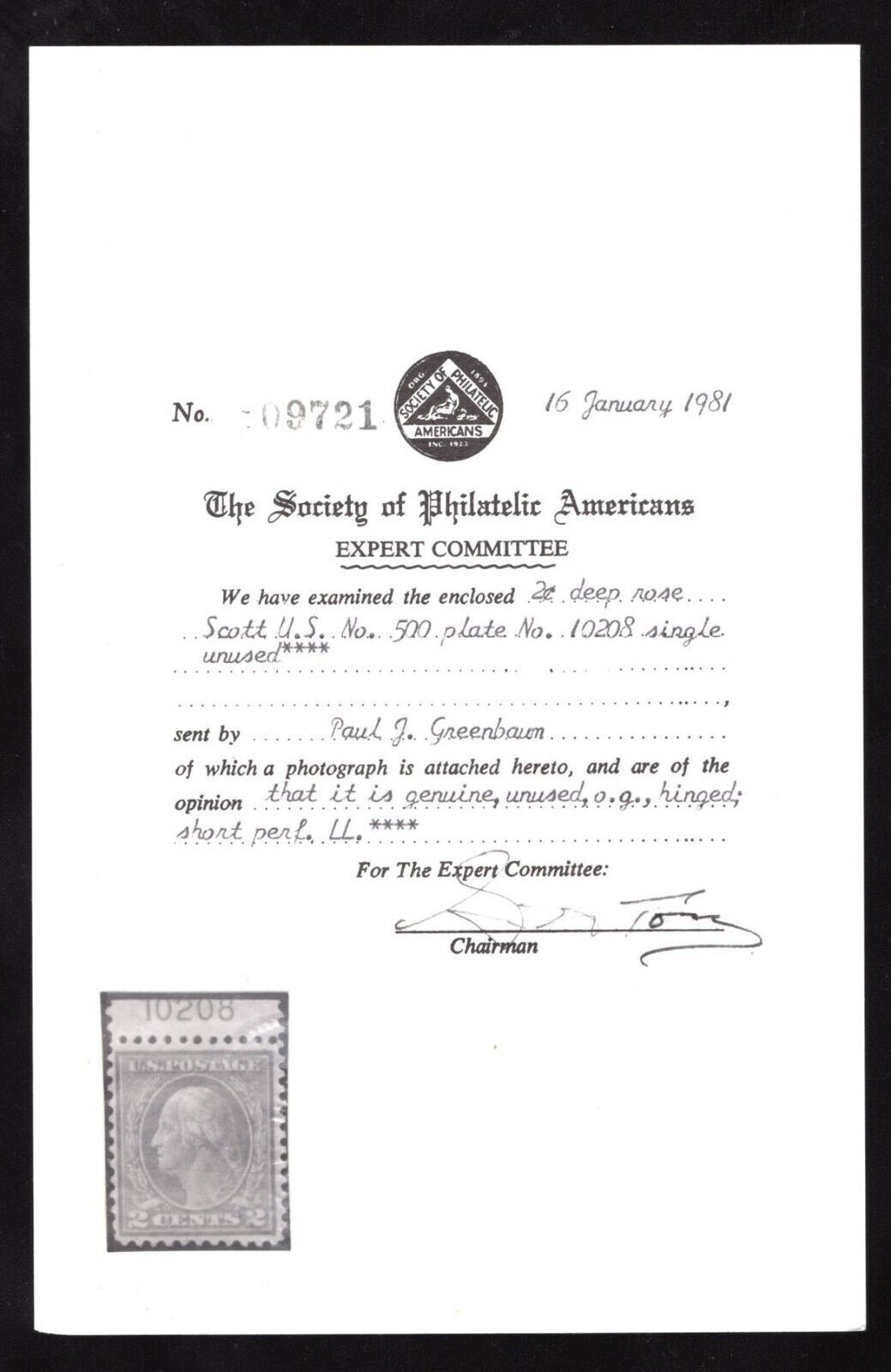 US Stamps #500 Mint OG LH VF SPA Cert LOT #77510 | United States ...