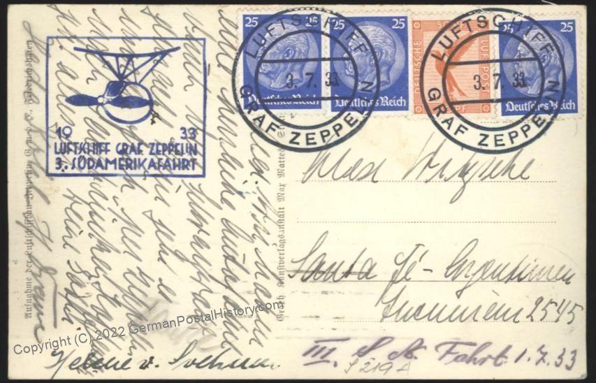 Germany 1933 Graf Zeppelin Si219 Mi315 Suedamerika 3.SAF Passenger ...