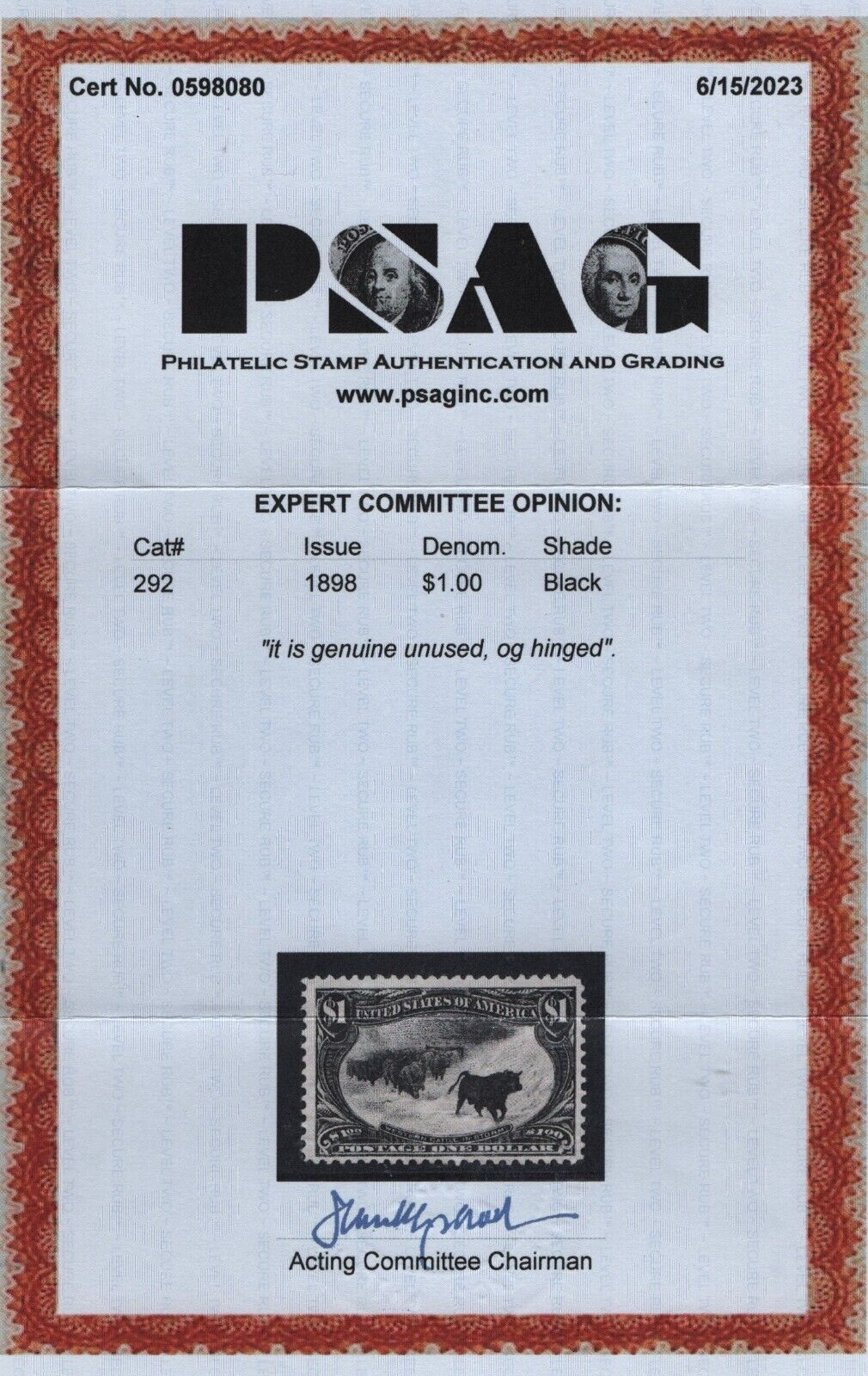 292 VF lightly hinged PSAG cert OG with rich color cv $ 1500 ! see pic ...