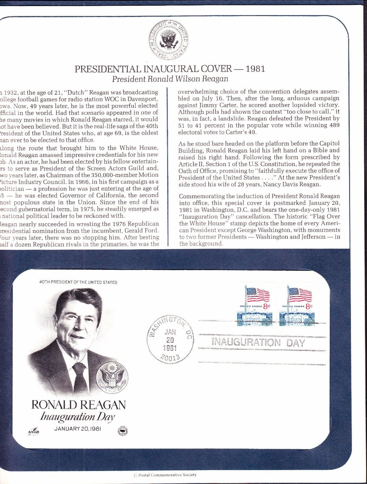 US 1981 Inaugural Covers for Ronald Reagan in Folder | United States ...