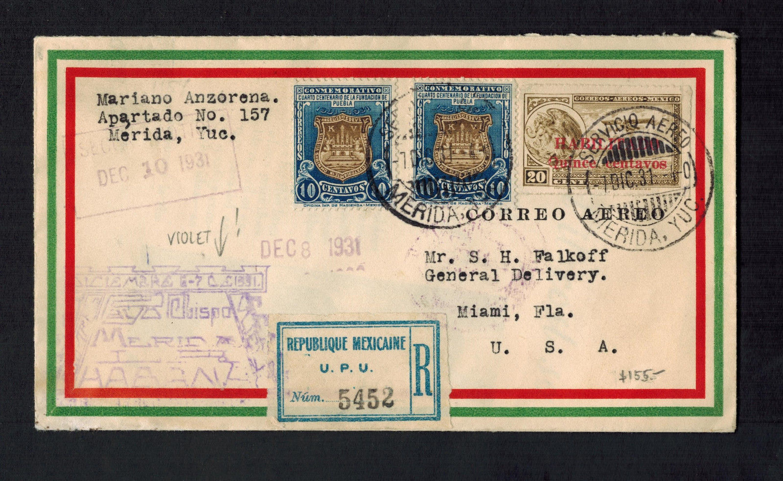 1931 FFC Merida Yucatan Mexico first flight cover Sunburst Registered ...