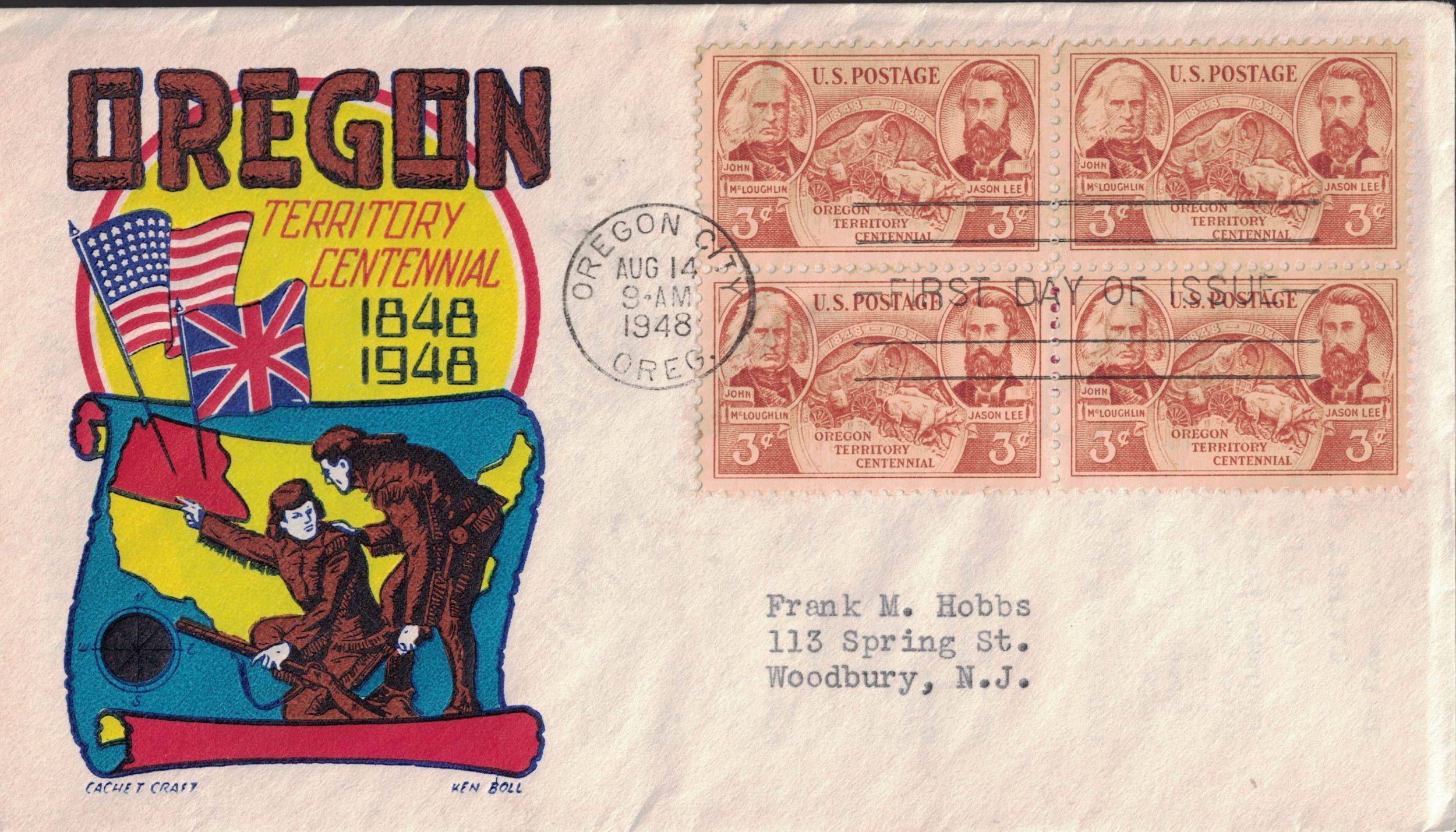 1948 FDC, #964, 3c Oregon Territory, Cachet Craft/Boll M-22, block of 4 ...