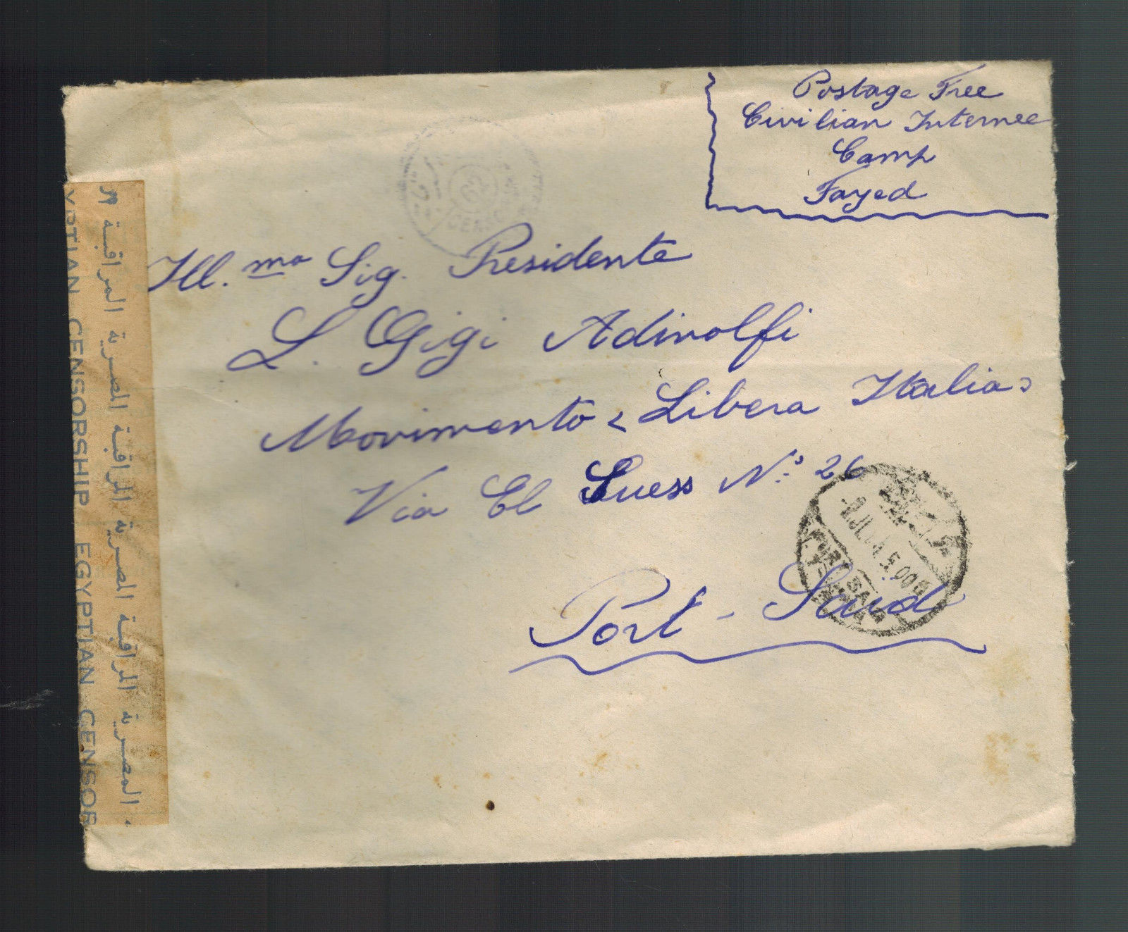1945 Egypt Fayed Internment Camp Stampless Cover to New Italy Movement ...
