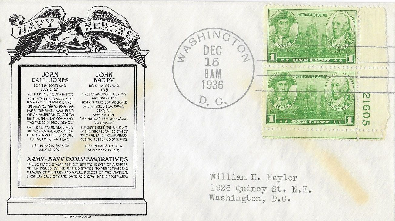 1936 FDC, #791, 1c Navy Heroes, Anderson, plate # vertical pair ...