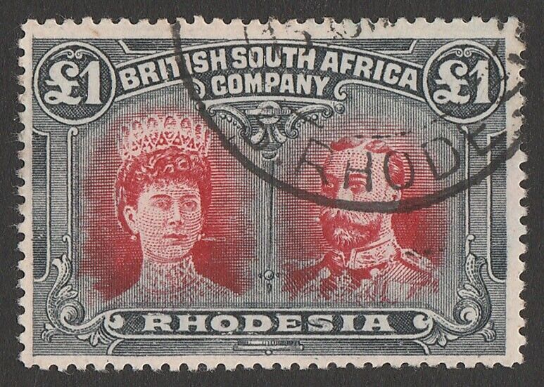 RHODESIA 1910 KGV Double Head £1 red & black, perf 15. with Certificate ...