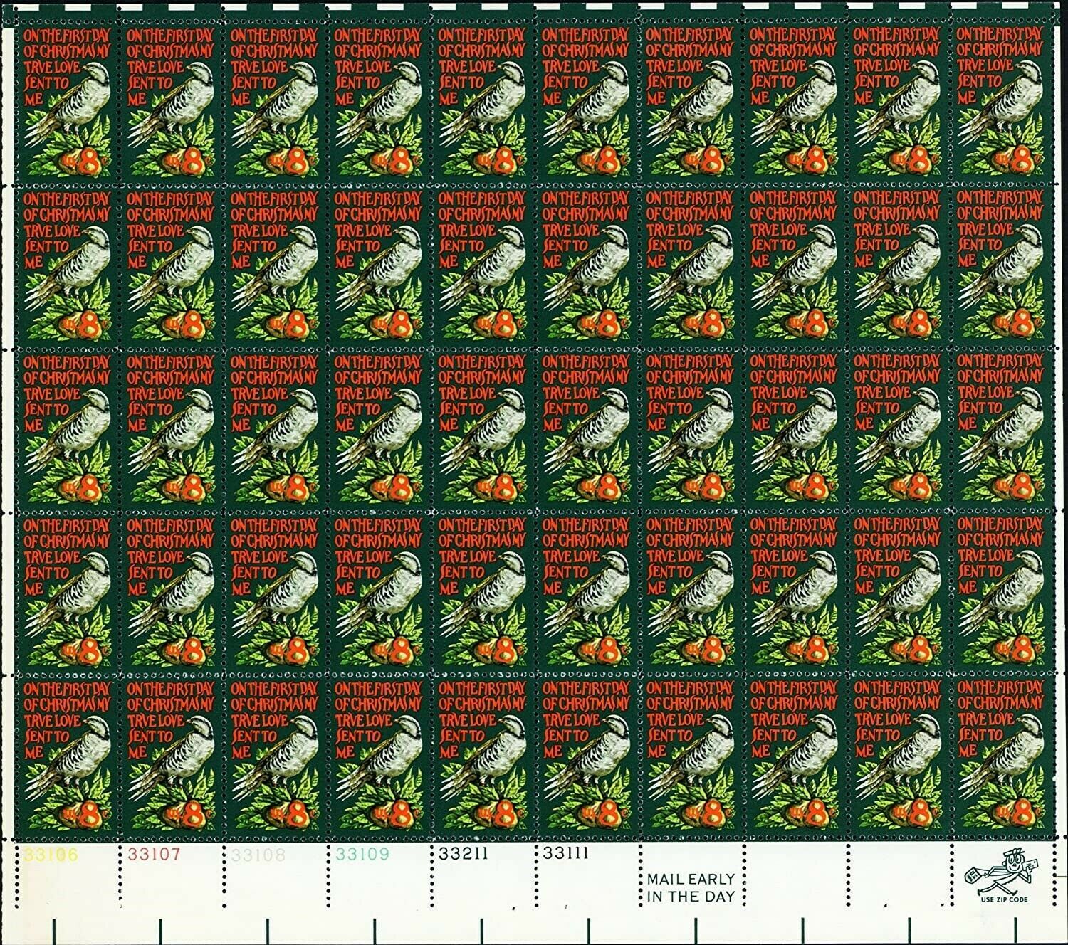 Partridge in a Pear Tree Sheet of Fifty 8 Cent Postage Stamps Scott ...