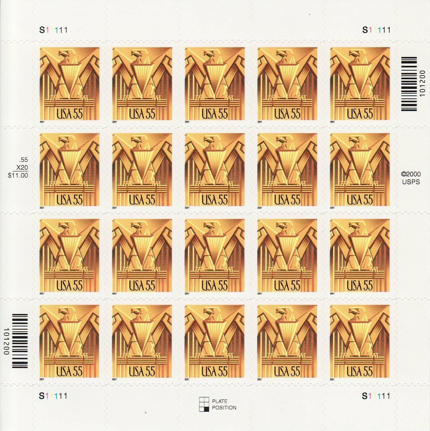 Art Deco Gold Eagle Sheet of Twenty 55 Cent Postage Stamps Scott 3471 ...